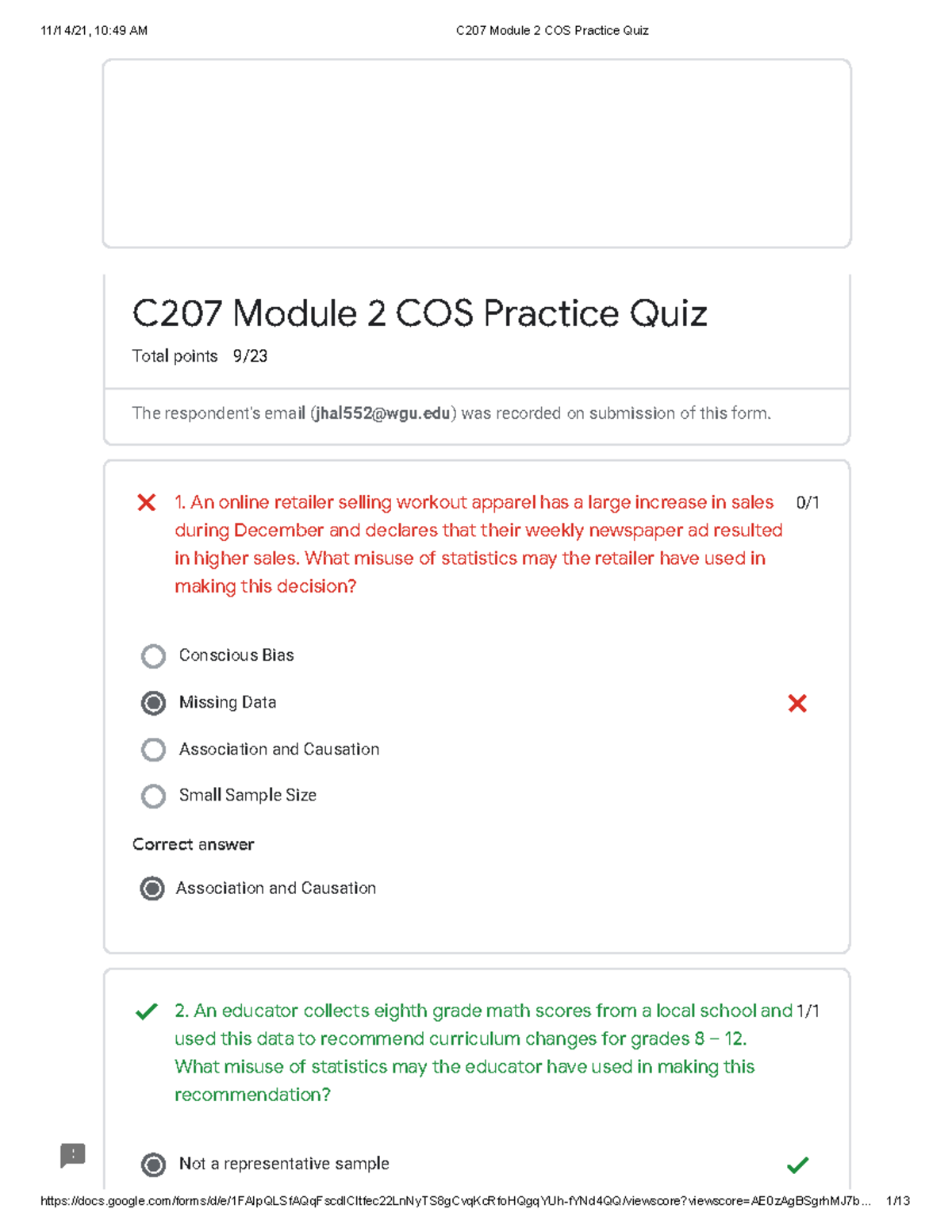 C207 Module 2 COS Practice Quiz - 0/ Conscious Bias Missing Data ...