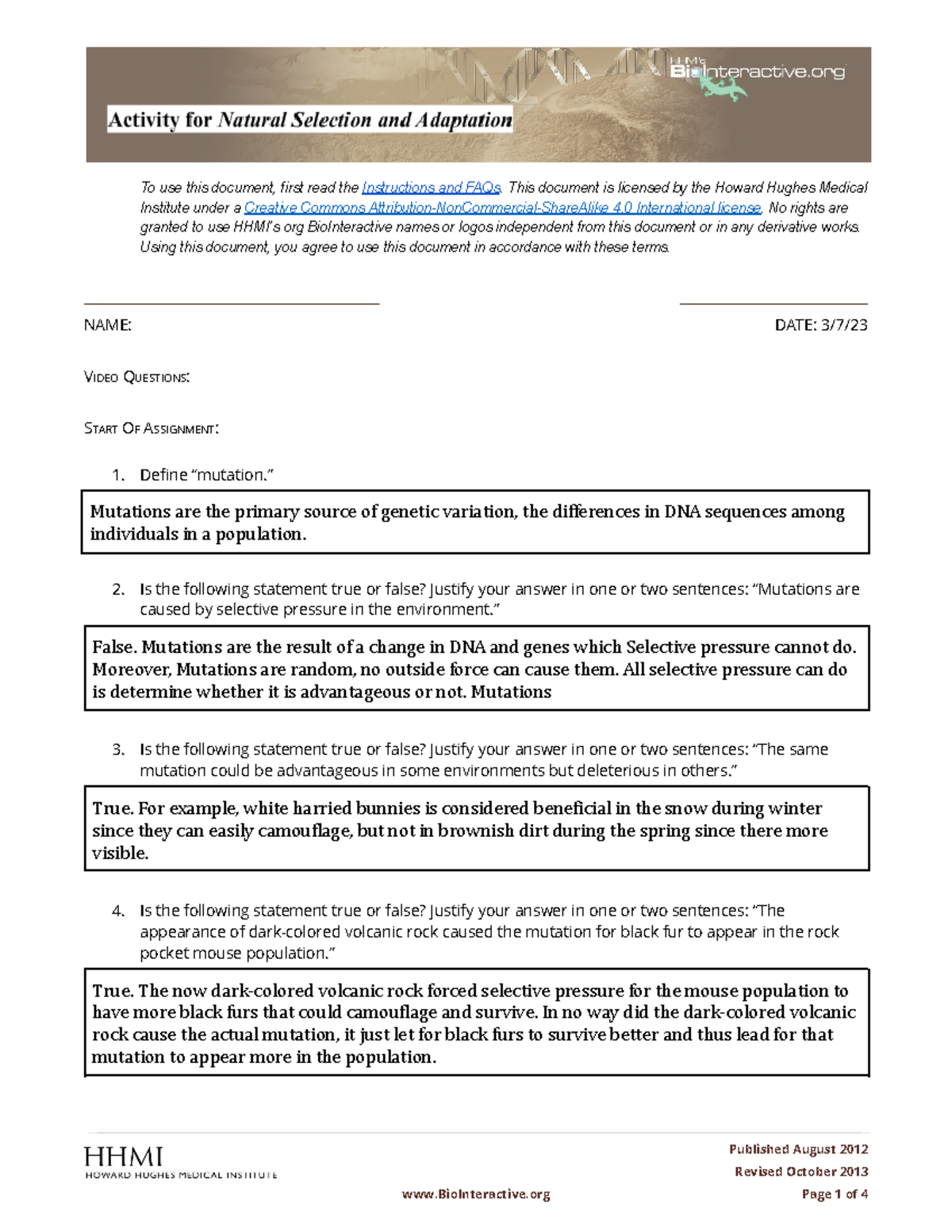 Natural selection worksheet for Rock pocket mice - To use this document ...