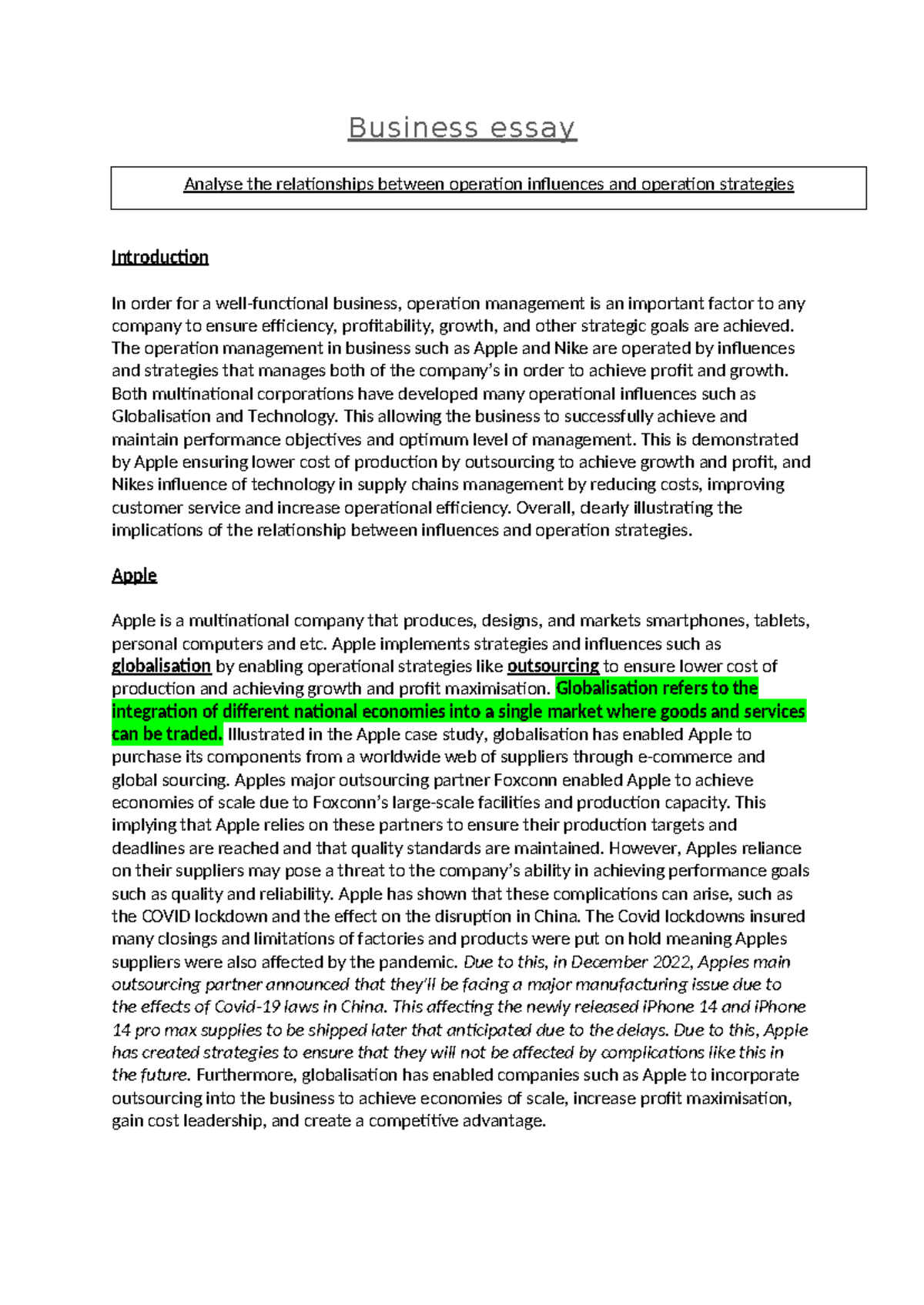 Nike and apple - Business essay Introduction In order for a well ...