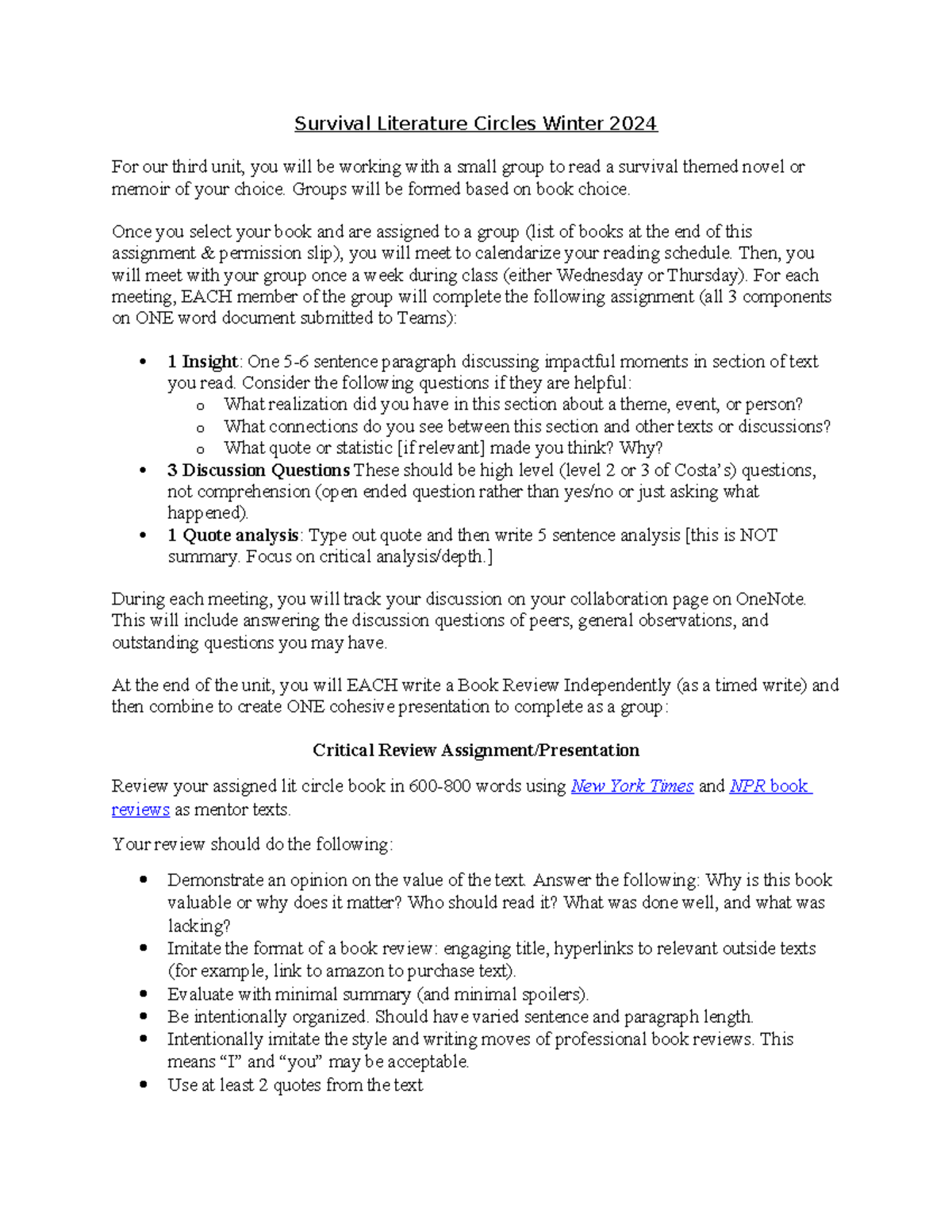 Survival lit circle assignment 2024 - Survival Literature Circles ...