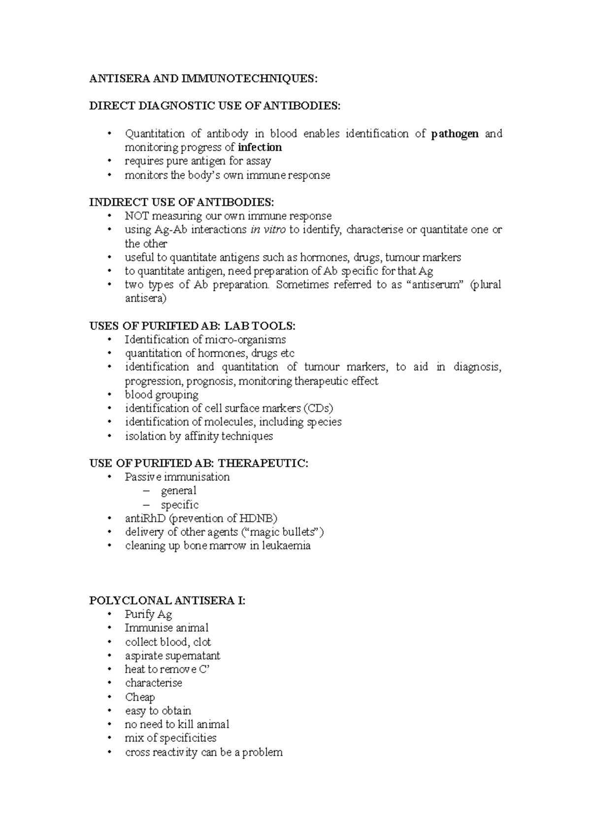 ANTISERA Summary Parts 1 and 2 - ANTISERA AND IMMUNOTECHNIQUES: DIRECT ...