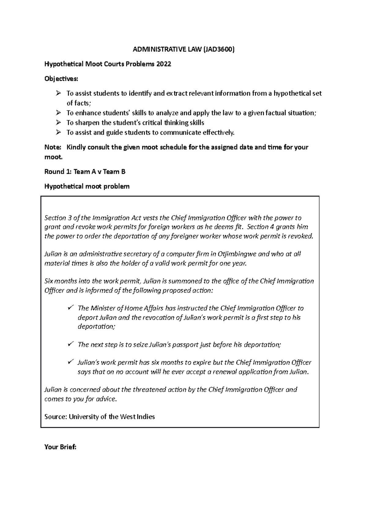 Moot Court Hypothetical Problems 2022 - ADMINISTRATIVE LAW (JAD3600 ...