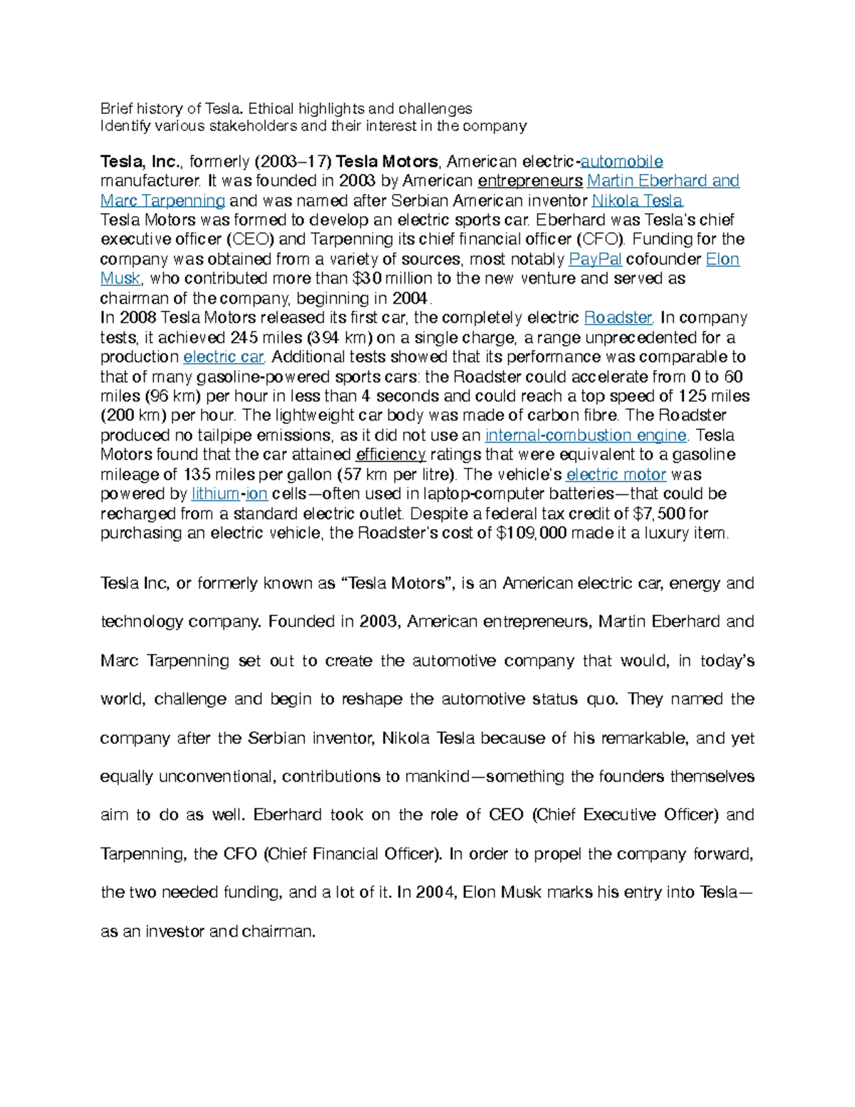 Tesla - Ethical highlights and challenges Identify various stakeholders ...