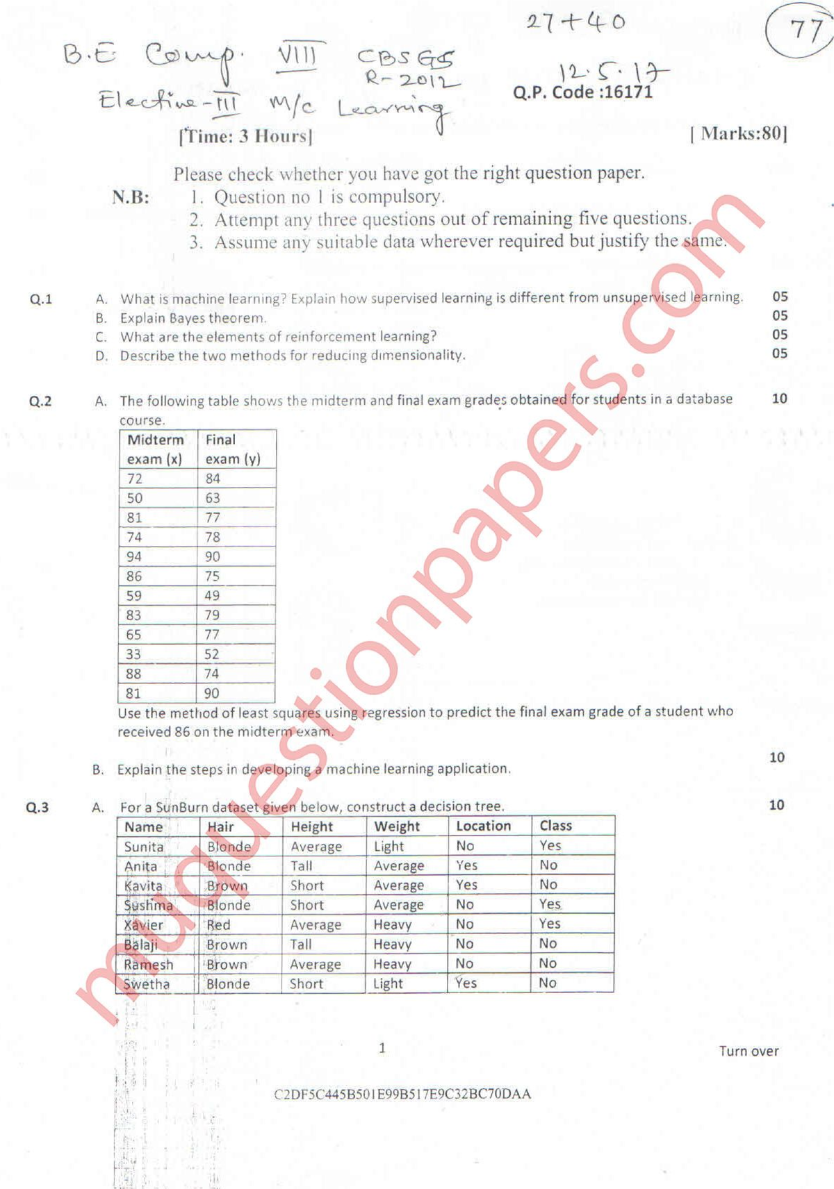 BE-Comps SEM8 ML MAY17 - Sample Question Paper - Machine Learning - Studocu