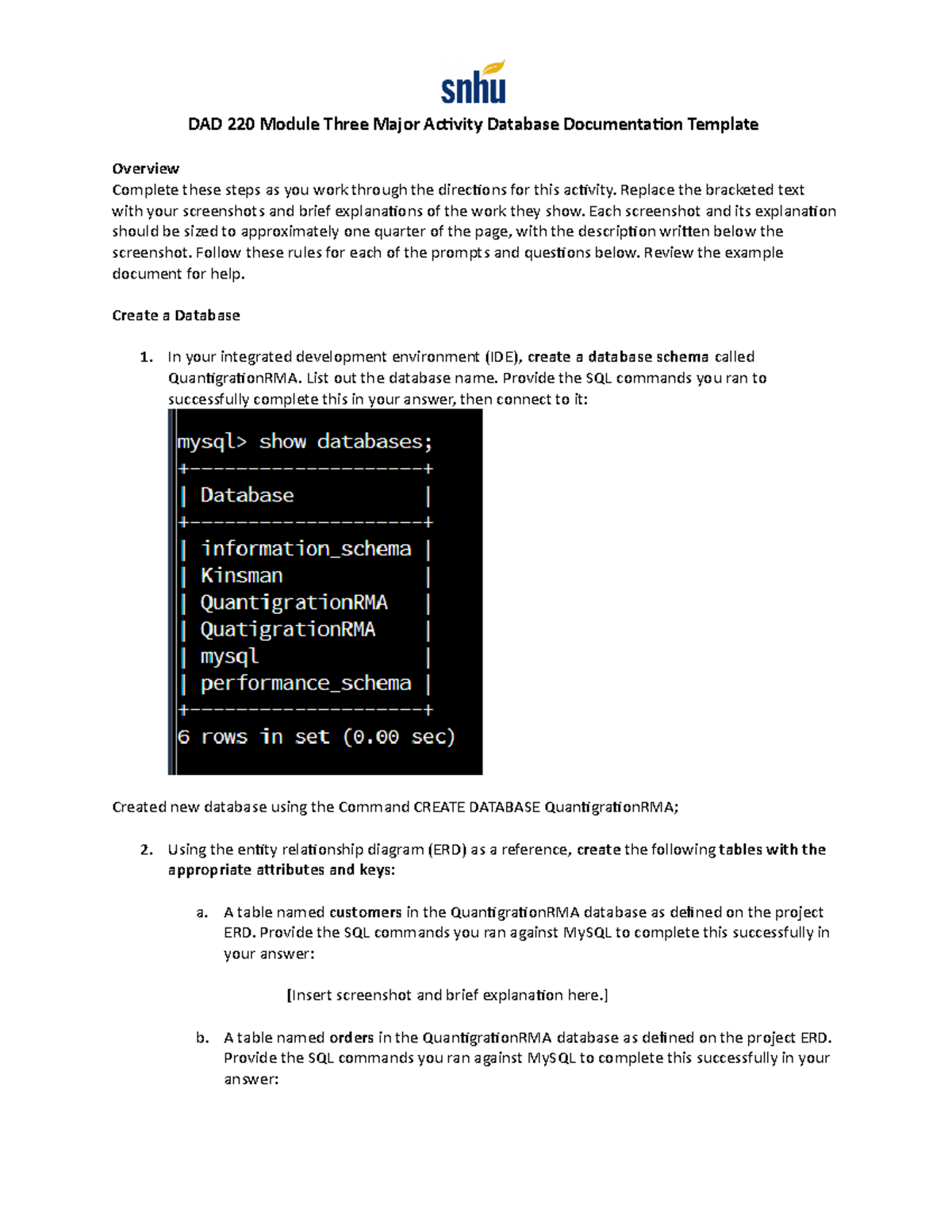 DAD 220 Module Three Major Activity Database Documentation Template ...