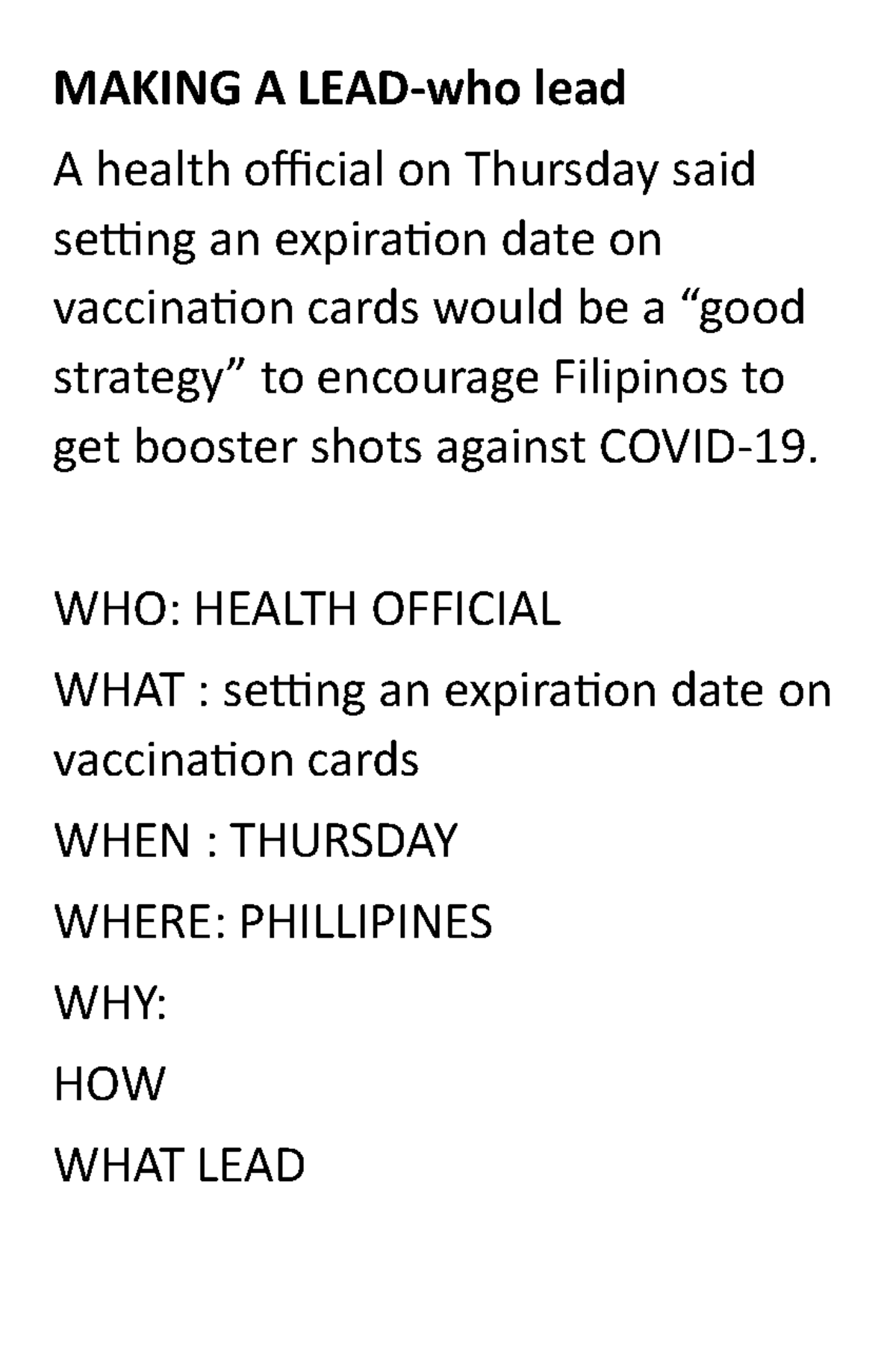 NEWS Writing FILE - ACTIVITIES FOR THE PRESSCON - MAKING A LEAD-who ...