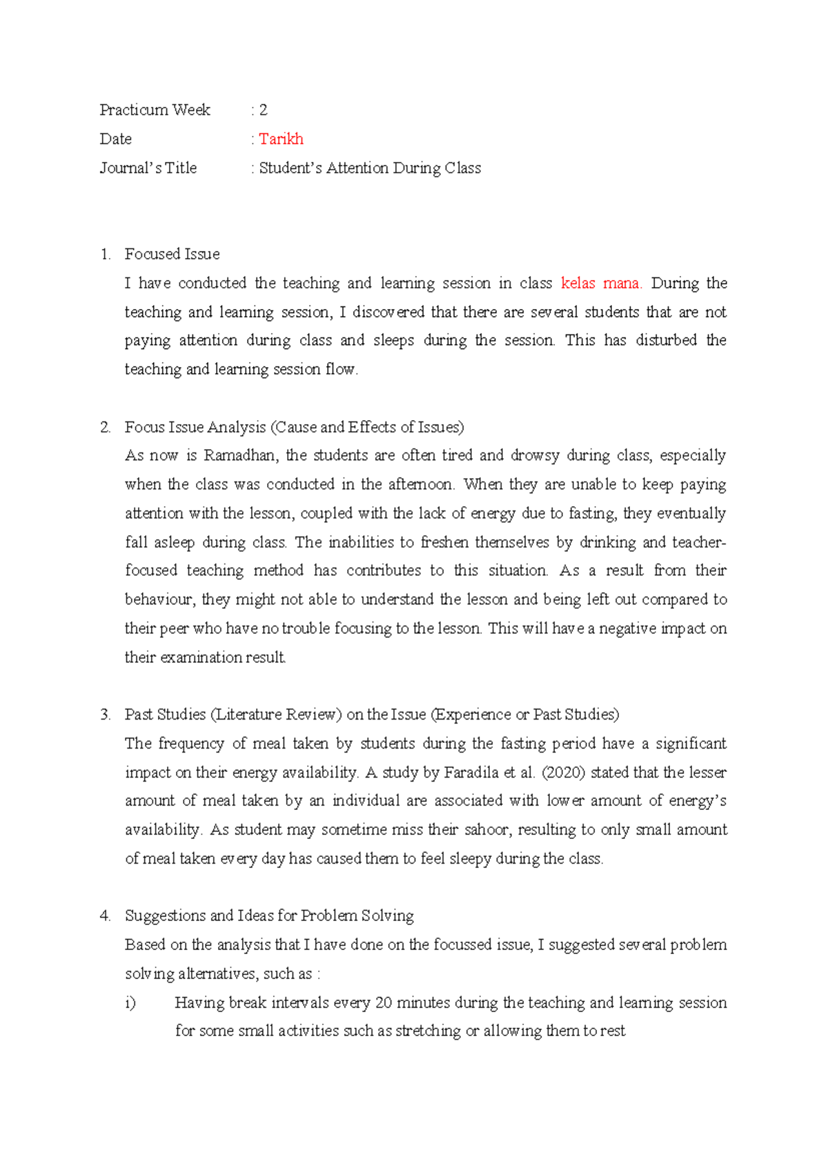 sample Reflective Journal - Practicum Week : 2 Date : Tarikh Journal’s ...