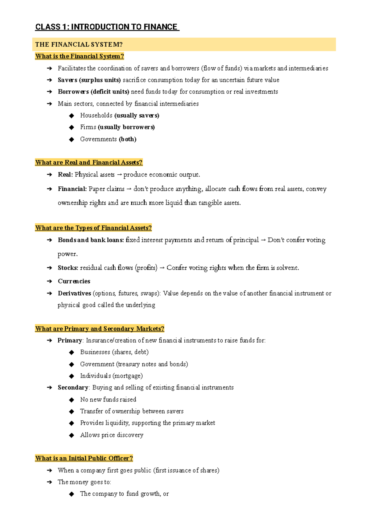 1. Introduction to Finance Notes - THE FINANCIAL SYSTEM? What is the ...