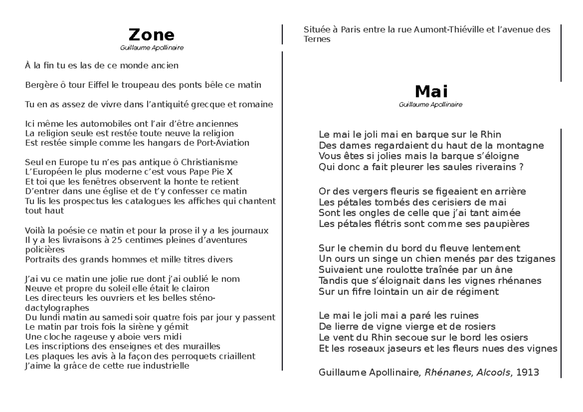 Zone - texte zone - Zone Guillaume Apollinaire À la fin tu es las de ce ...
