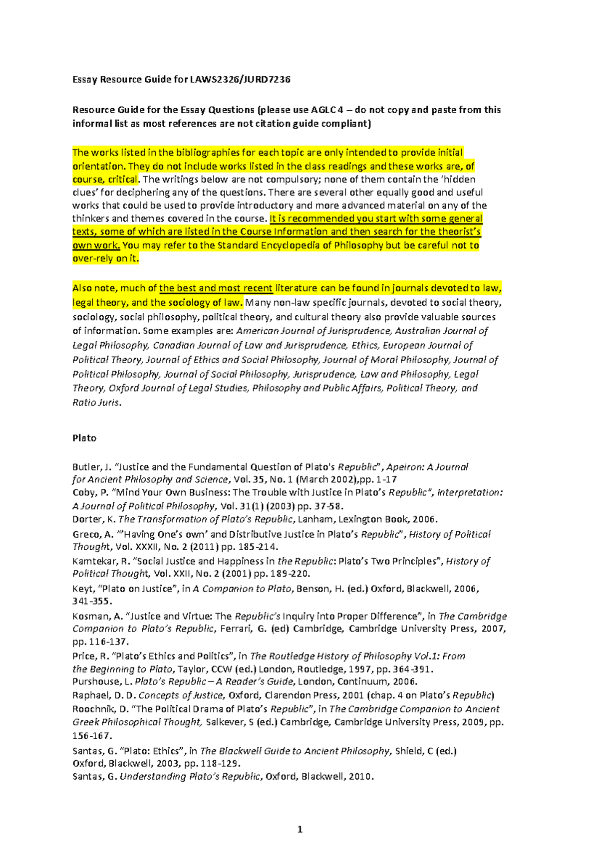 TLJ Short Essay Resource Guide - Essay Resource Guide for LAWS2326/JURD ...