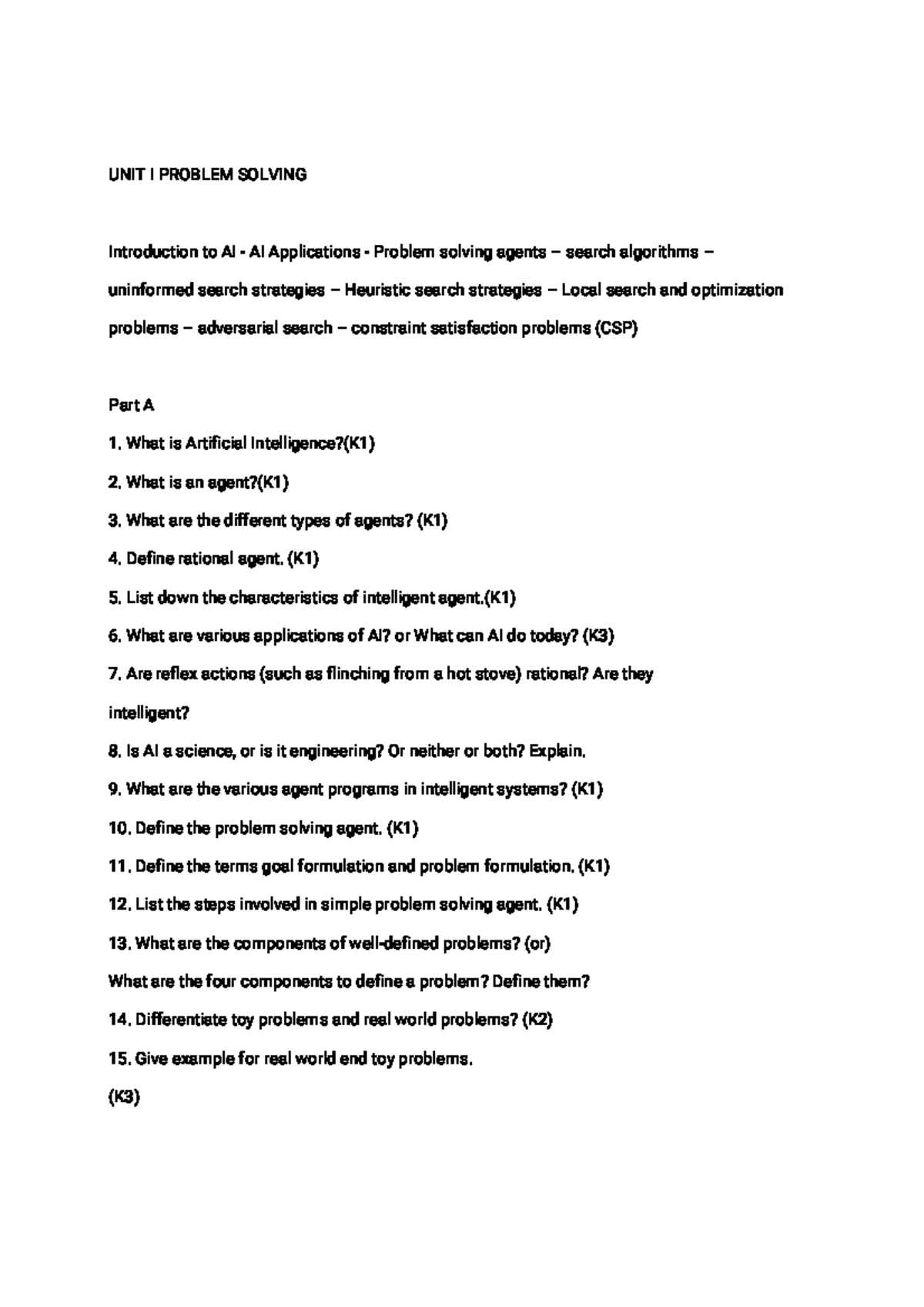 Ai&ml QUESTION BANK - UNIT I PROBLEM SOLVING Introduction to AI - AI Applications - Problem ...