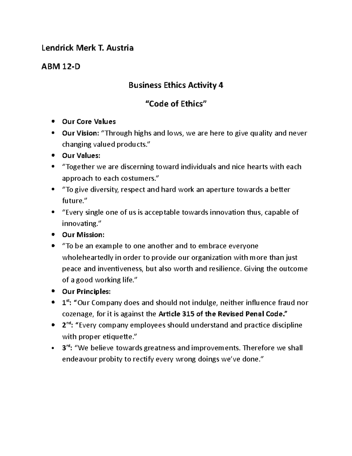 Lendrick's Buss Ethics Activty 4 - Lendrick Merk T. Austria ABM 12-D ...