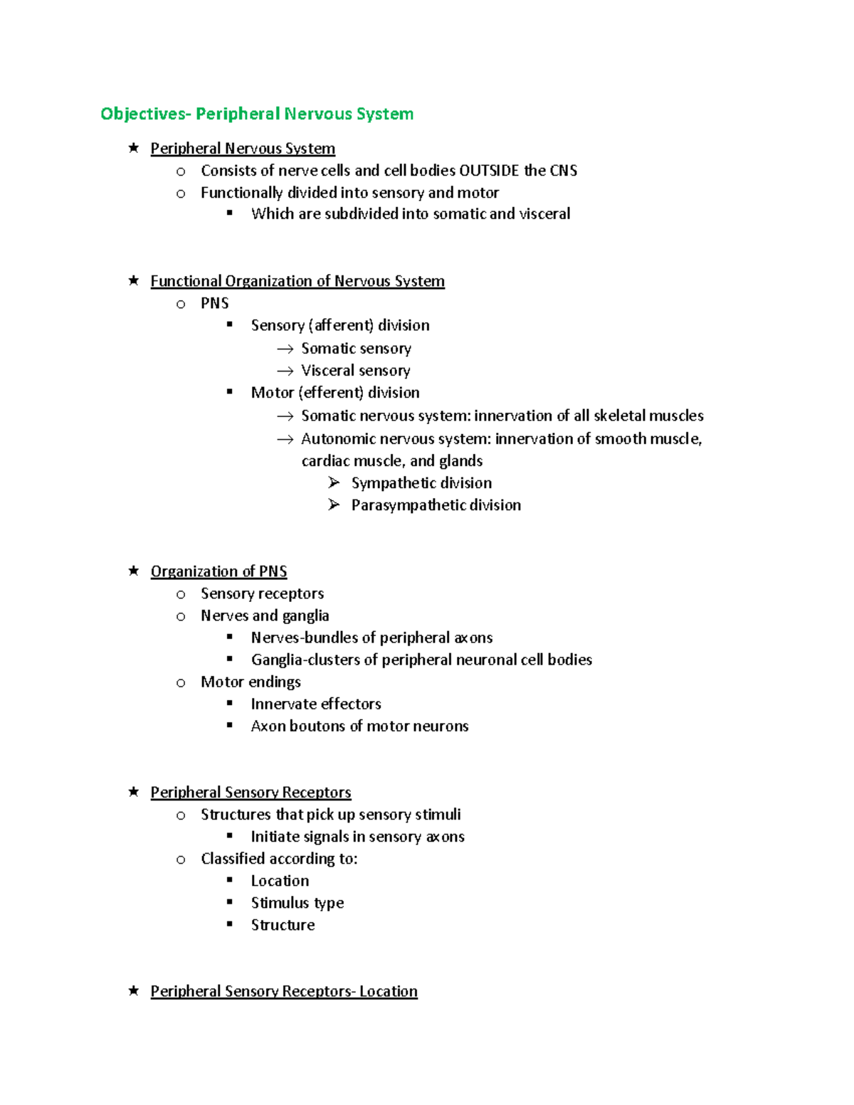 Objectives- Peripheral Nervous System - → Blood pressure → Stretching ...