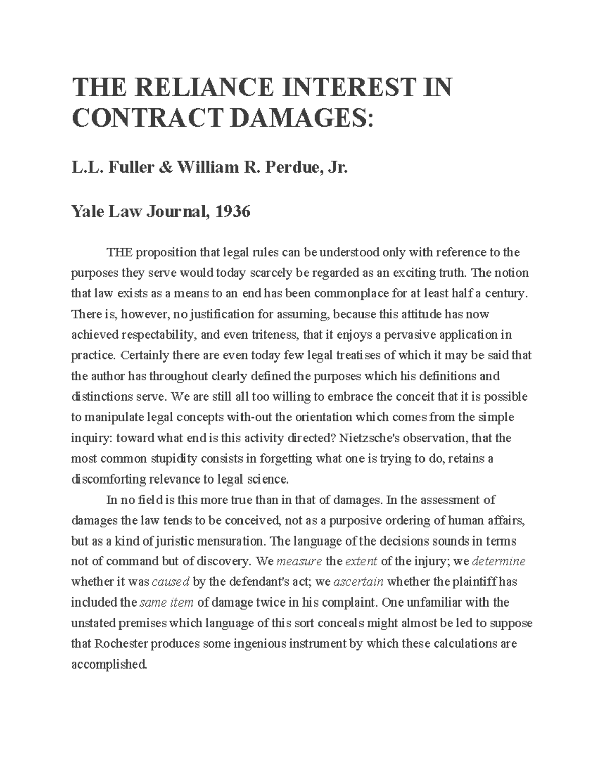 Fuller & Perdue - The Reliance Interest in Contract Damages - THE ...