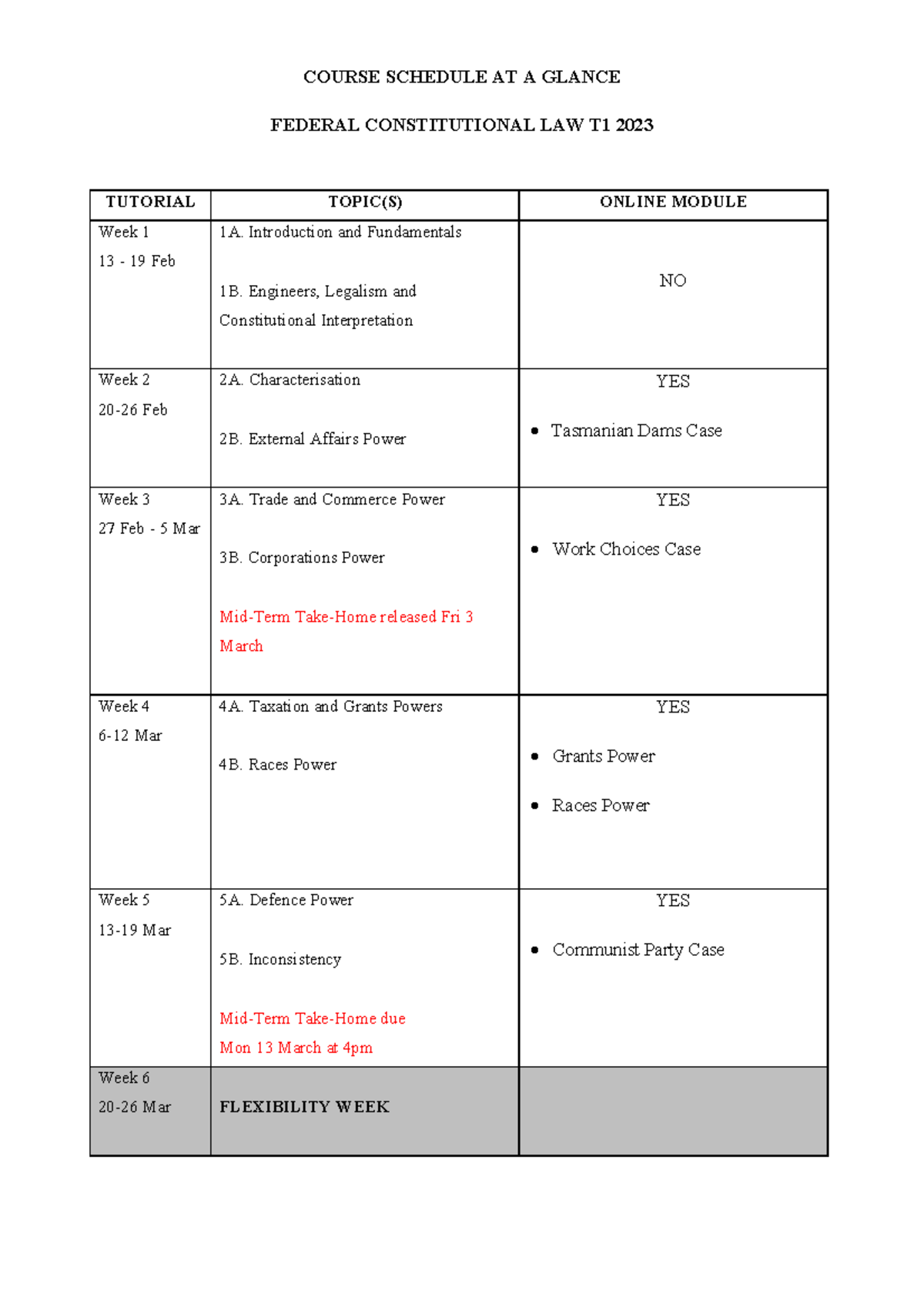 Course Schedule - T1 2023 - COURSE SCHEDULE AT A GLANCE FEDERAL ...