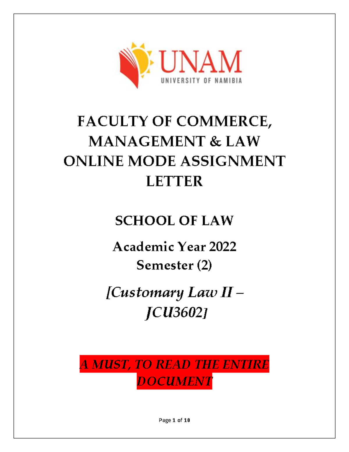 JCU3602 Assignment 1 and 2 - Customary law - UNAM - StuDocu