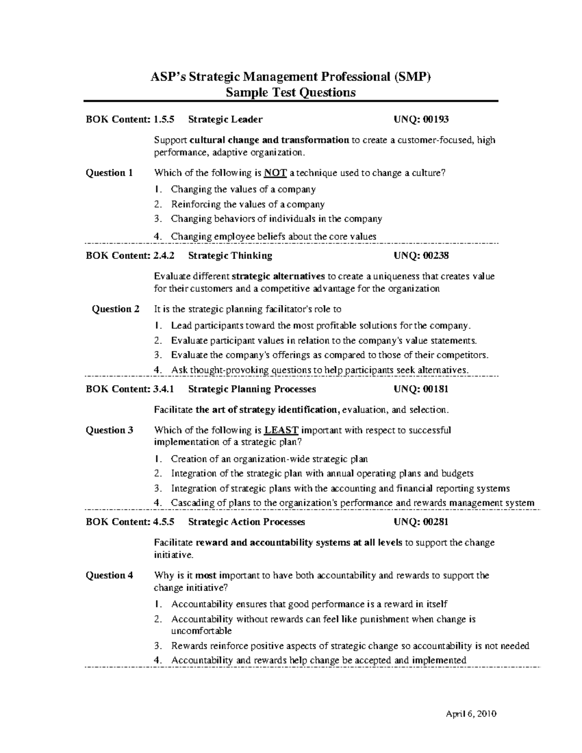 ASP SMP Sample Questions - ASP’s Strategic Management Professional (SMP ...