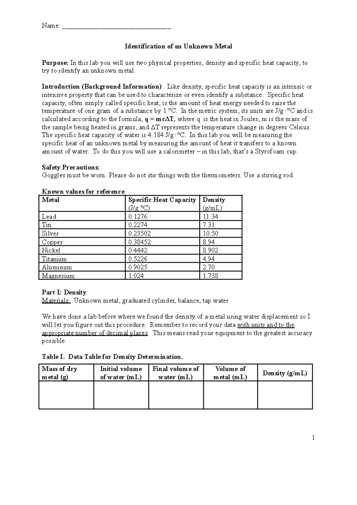 Unknownmetal labquiz - Name ...