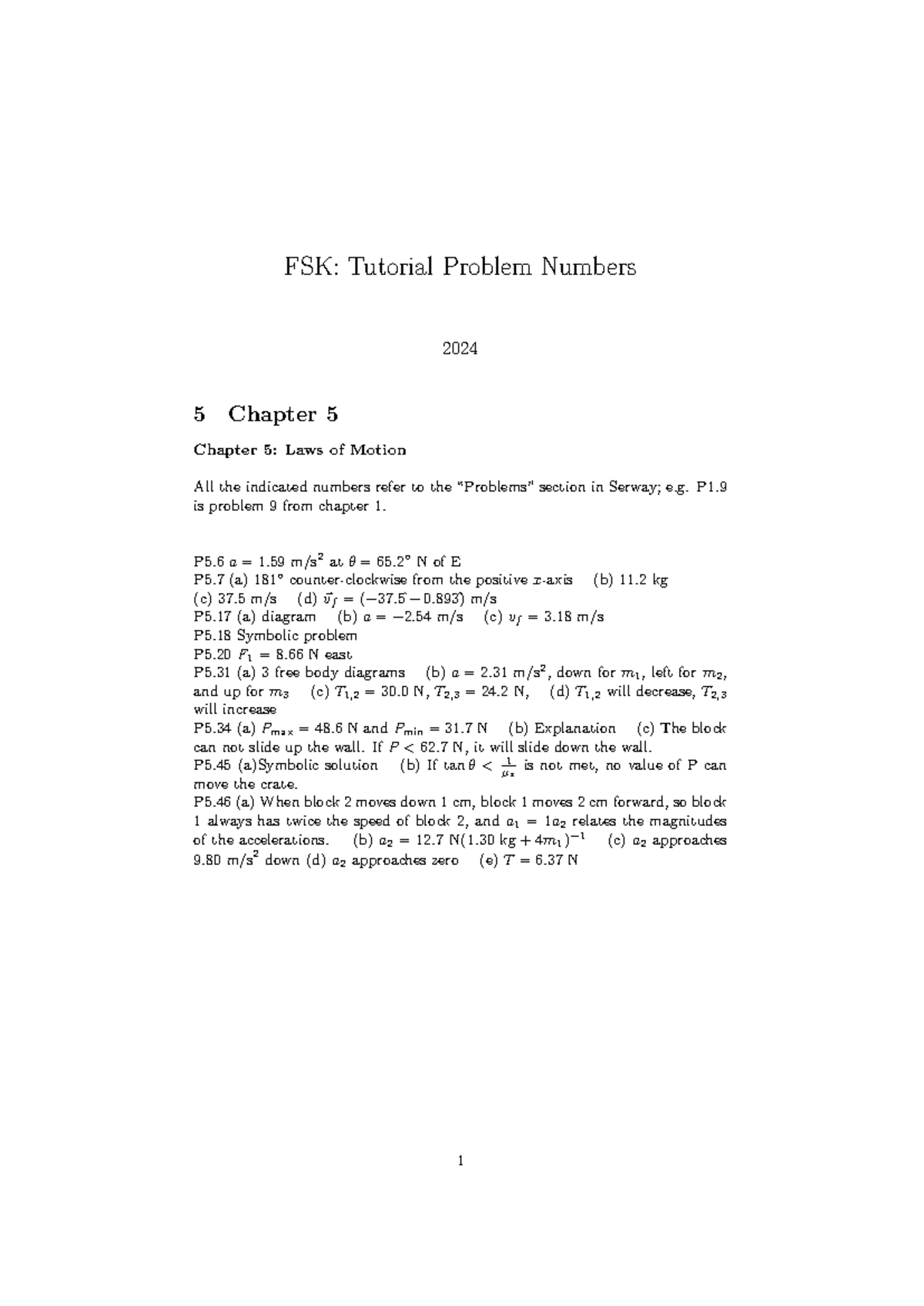 FSK116 Problems Chpt 5 - Memo - FSK: Tutorial Problem Numbers 2024 5 Chapter 5 Chapter 5: Laws ...