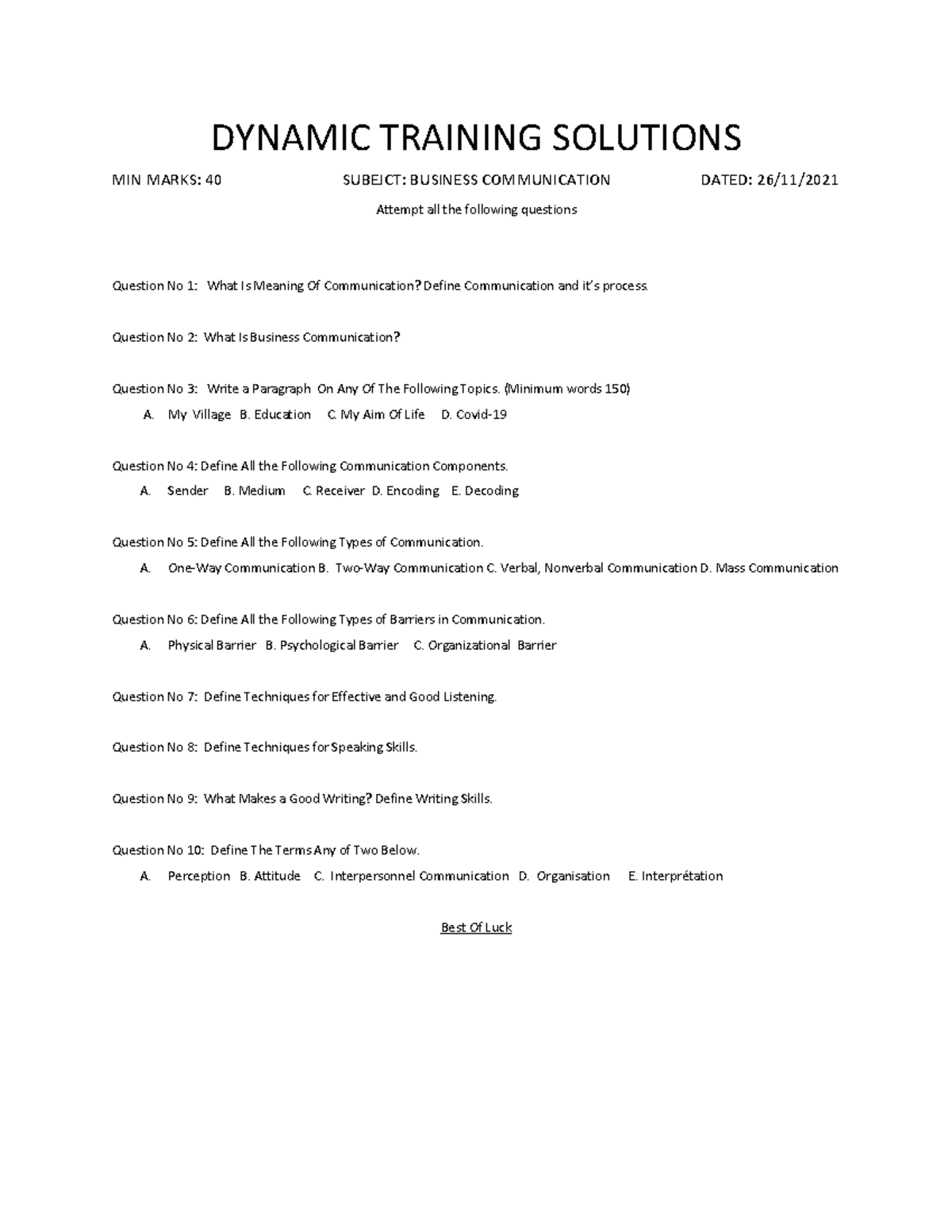 Business com Test DTS - fvd - DYNAMIC TRAINING SOLUTIONS MIN MARKS: 40 ...