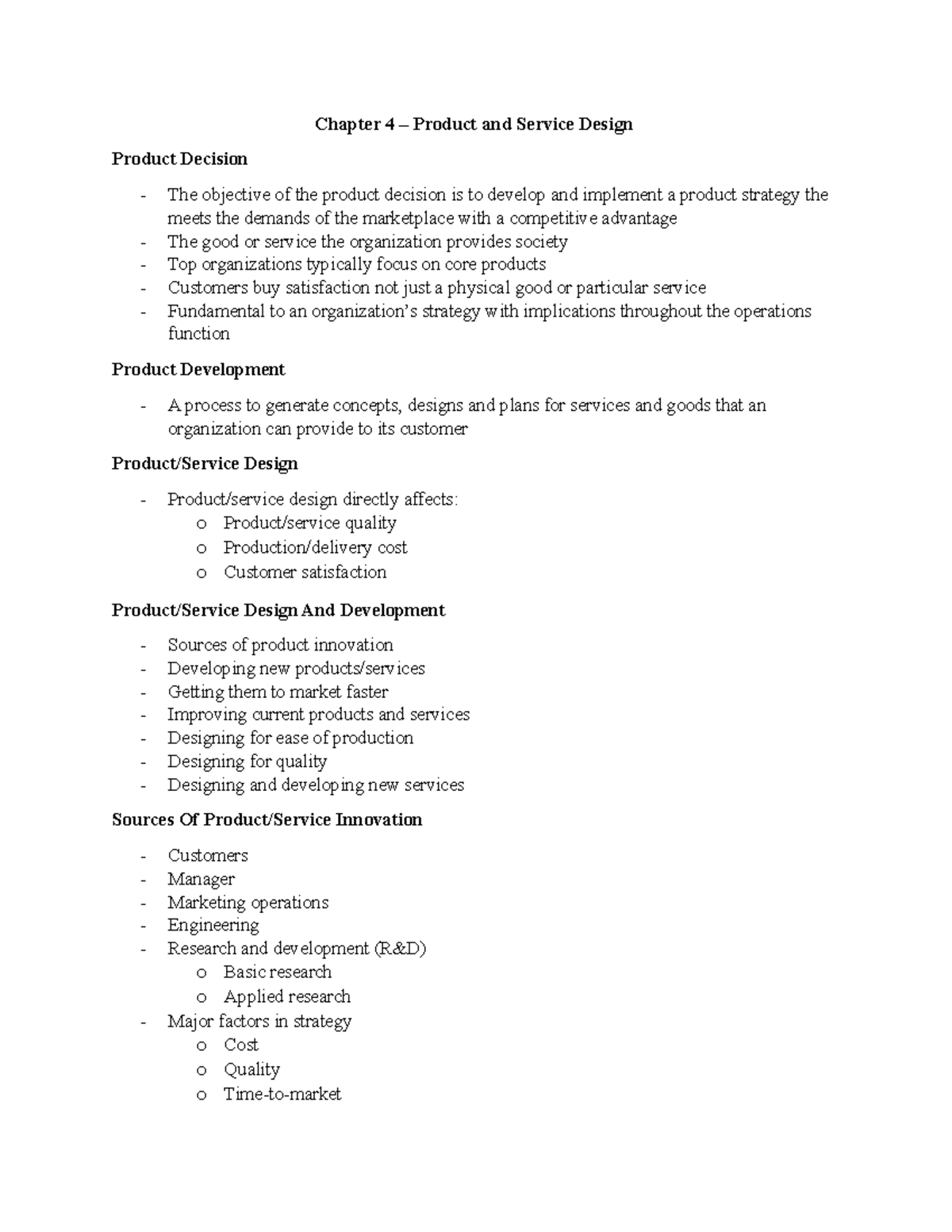 Chapter 4 - Chapter 4 – Product and Service Design Product Decision ...
