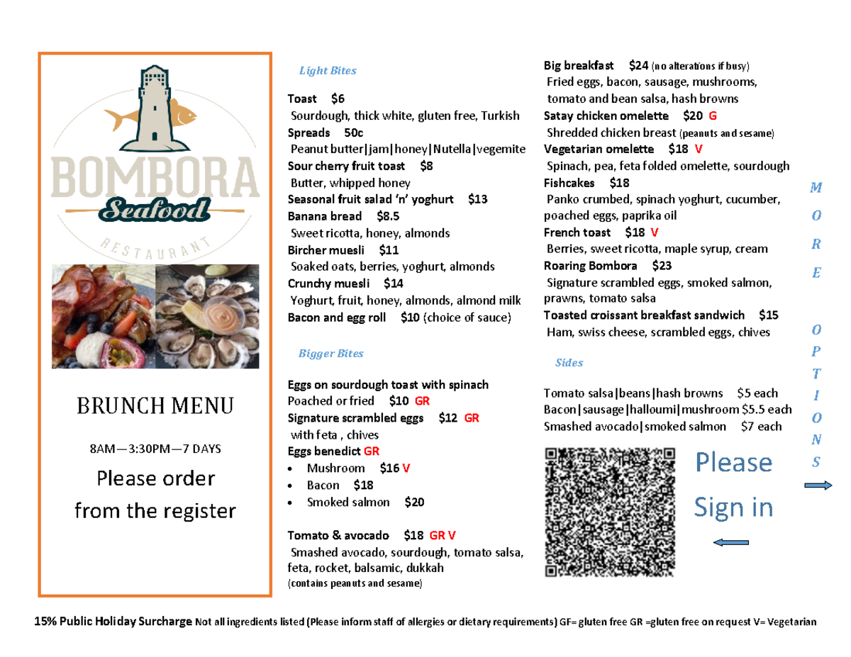Bombora Menu New PDF - Menu for prac - 15% Public Holiday Surcharge Not all ingredients listed ...