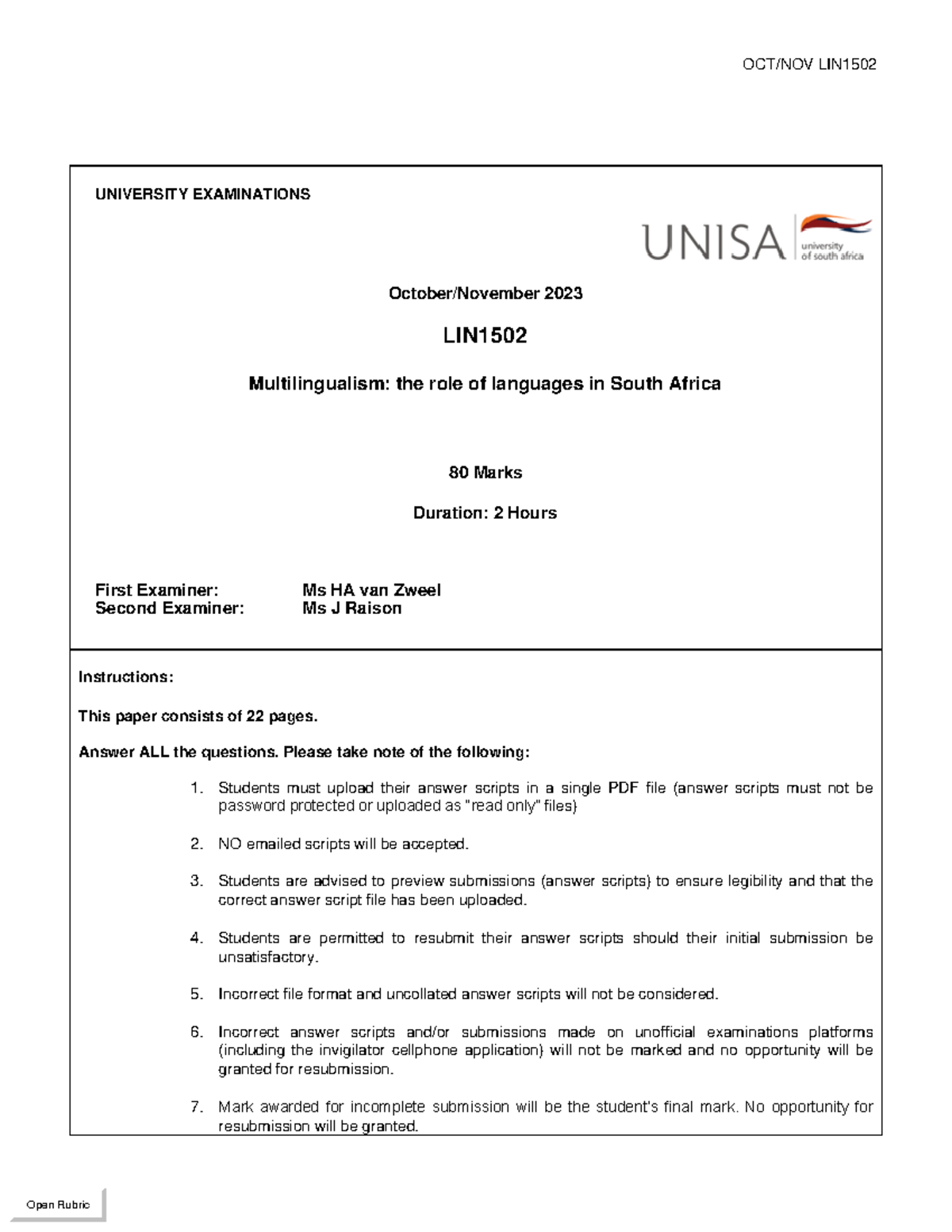 LIN1502 Examination October 2023 Paper - OCT/NOV LIN UNIVERSITY ...