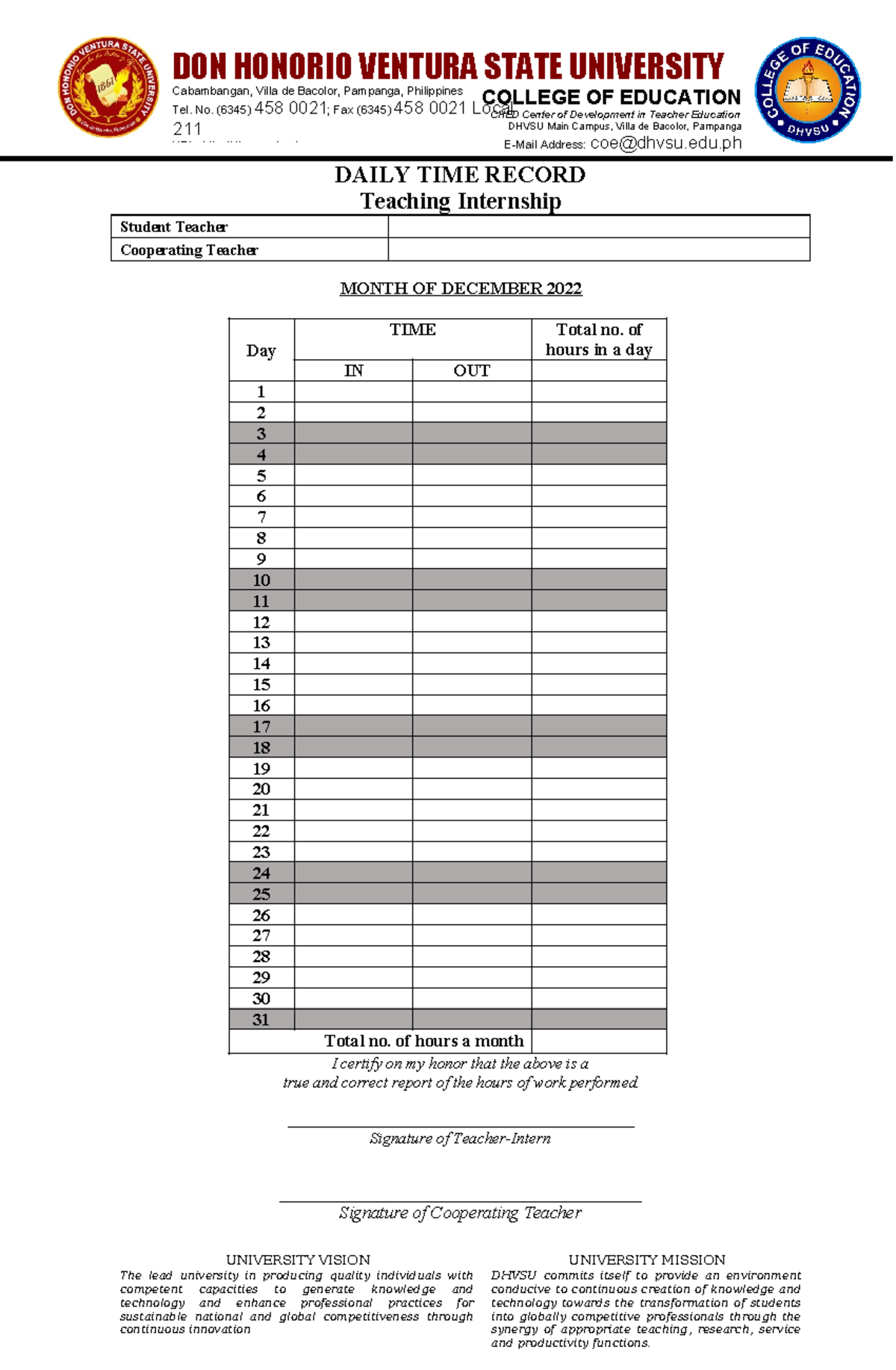 DTR Format December 2022 - COLLEGE OF EDUCATION CHED Center of ...