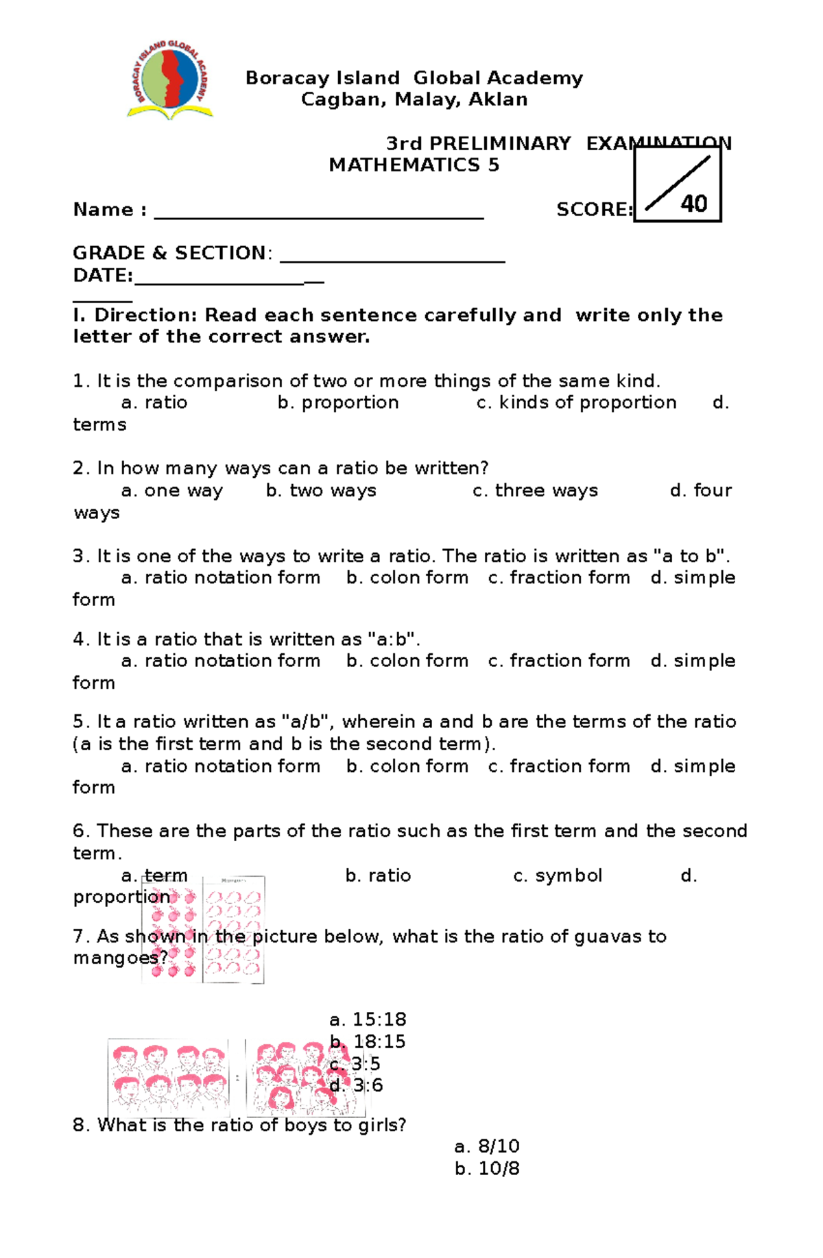 3rd prelim g5 test paper - Boracay Island Global Academy Cagban, Malay ...