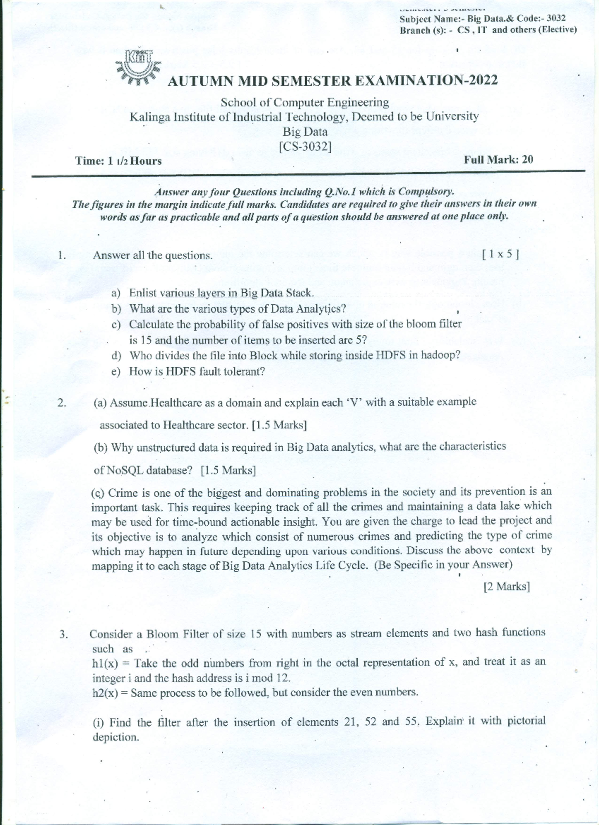 5th Semester , B Tech ,CSE,IT , Big Data, CS - 3032– Autumn Mid ...