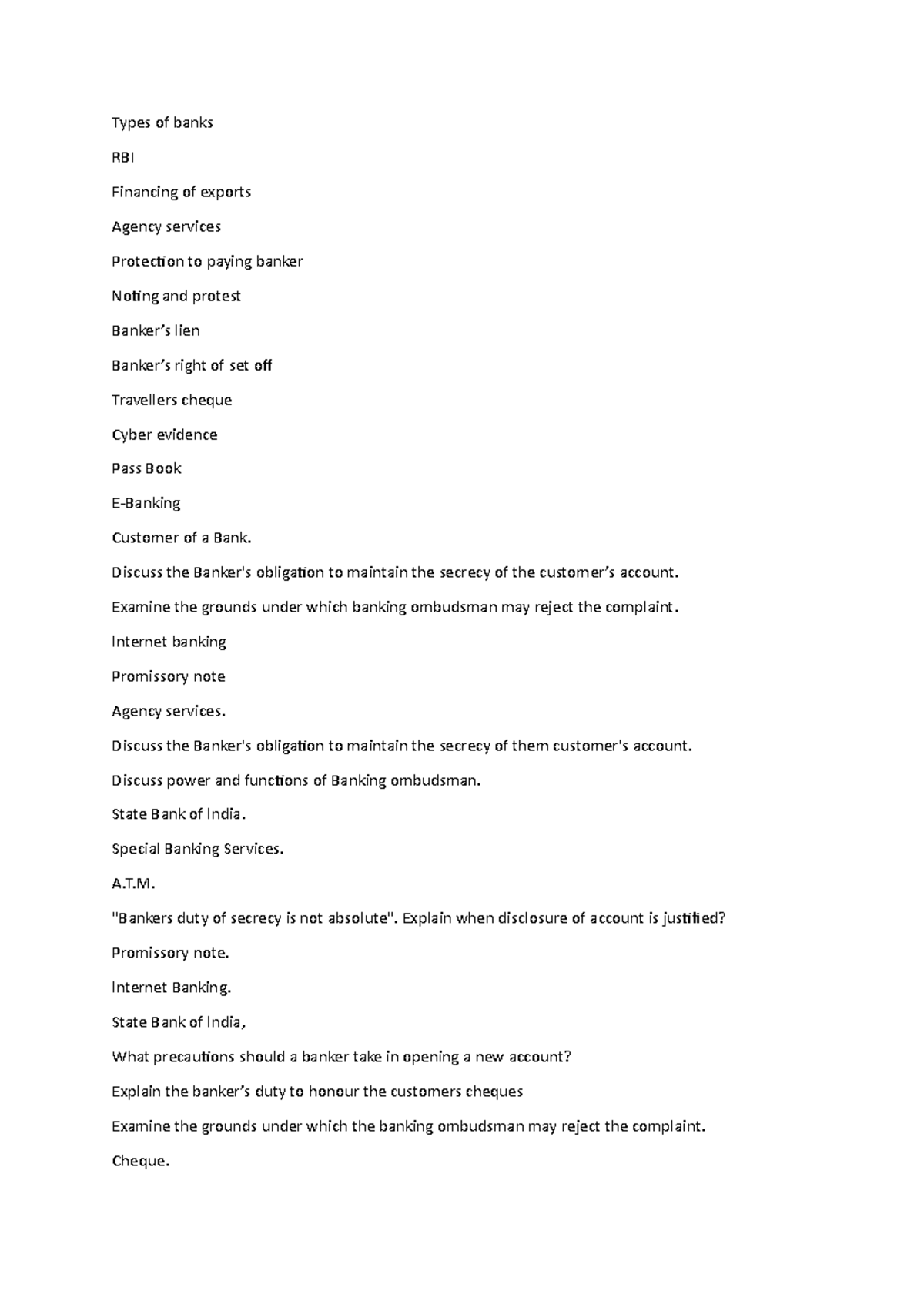 Exam, questions from previous papers - Types of banks RBI Financing of ...