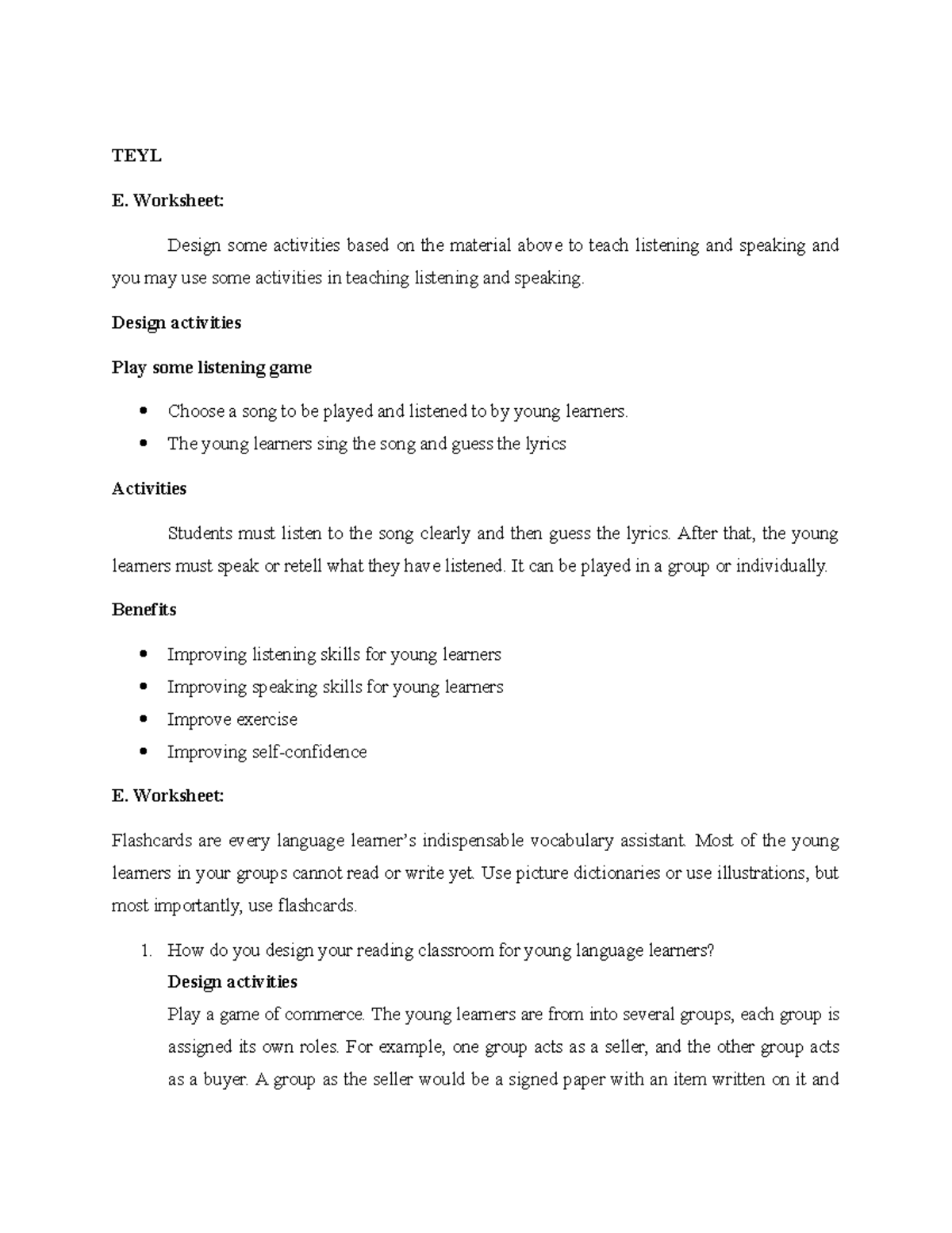 TEYL 5 - Practice - TEYL E. Worksheet: Design some activities based on ...