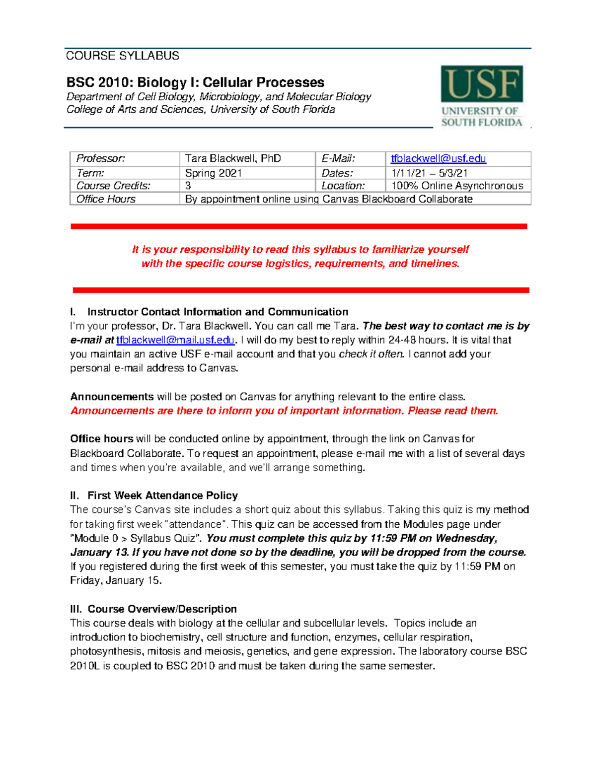 Biology I Syllabus - Spring 2021 - COURSE SYLLABUS BSC 2010: Biology I ...