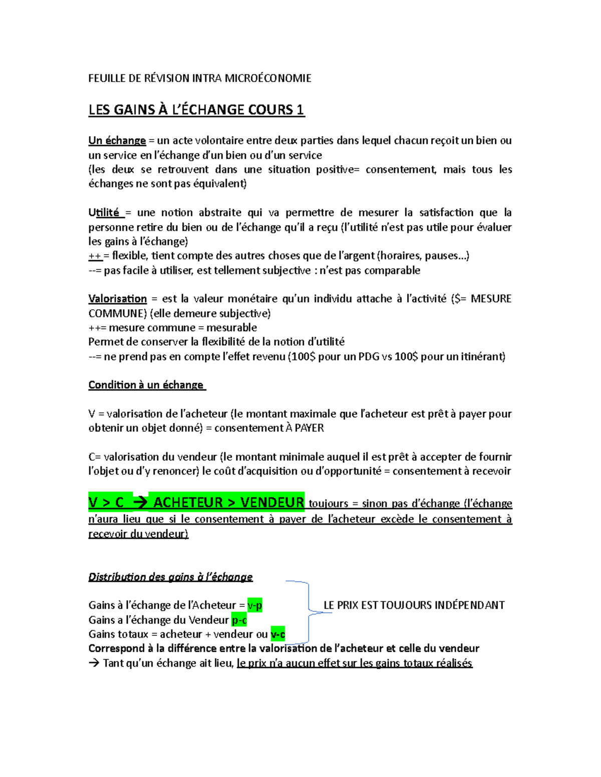 Révision- Micro - FEUILLE DE RÉVISION INTRA MICROÉCONOMIE LES GAINS À L ...