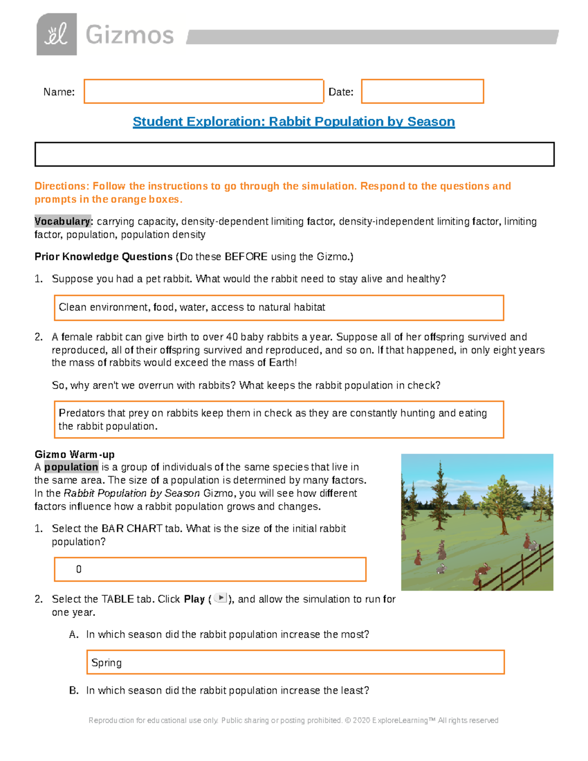 Gizmo Rabbit Population by Season - Name: Date: Student Exploration ...