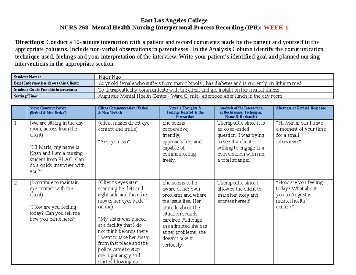 IPR Week 1 (10 30 2021) - interview a patient at clinical and apply the ...