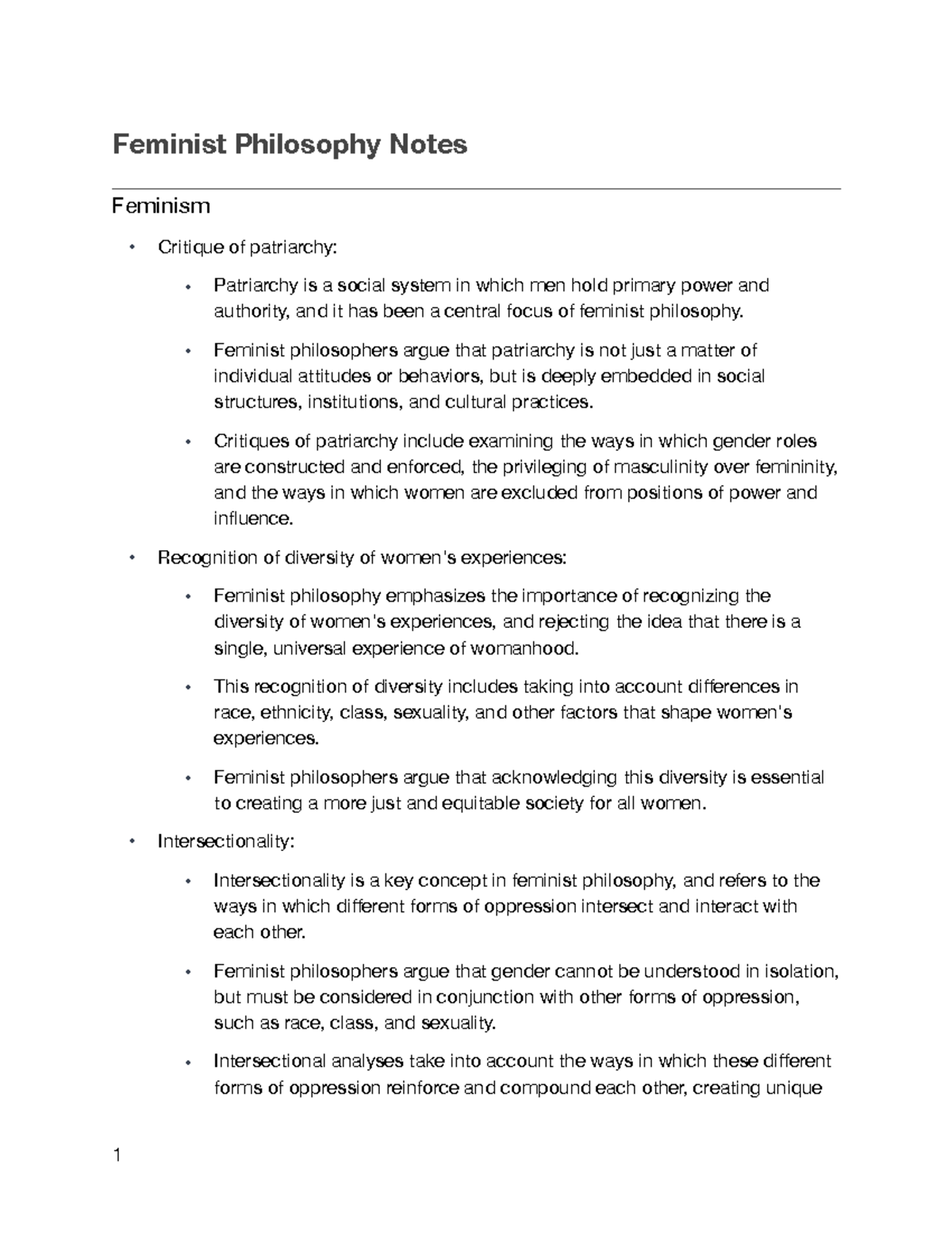 Feminist Philosophy Notes - Feminist Philosophy Notes Feminism Critique ...