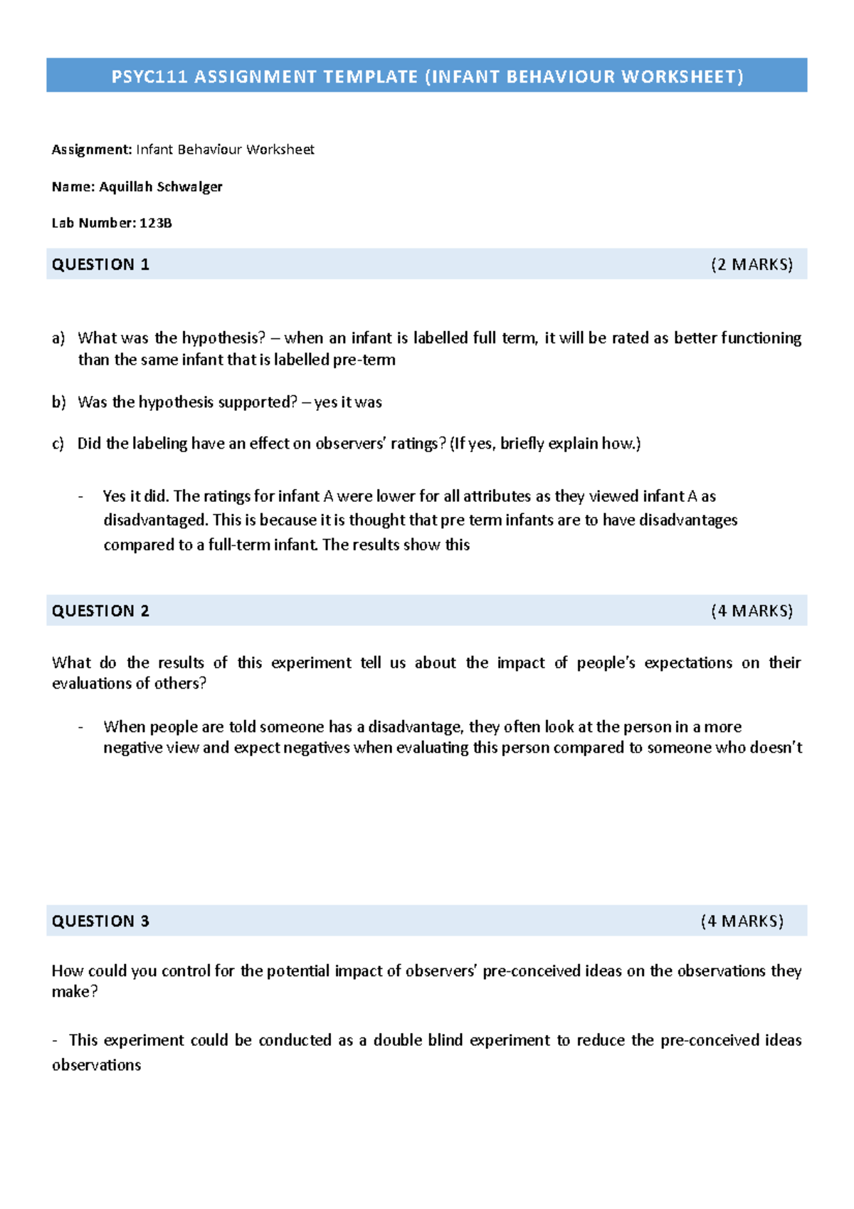 Lab 8 Infant Behaviour - psych lab report - PSYC111 ASSIGNMENT TEMPLATE ...
