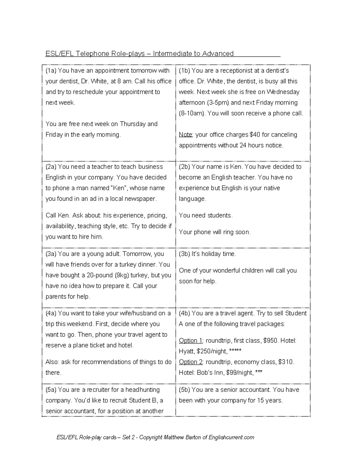 ESL Roleplay Cards Advanced Intermediate 2 - ESL/EFL Telephone Role ...