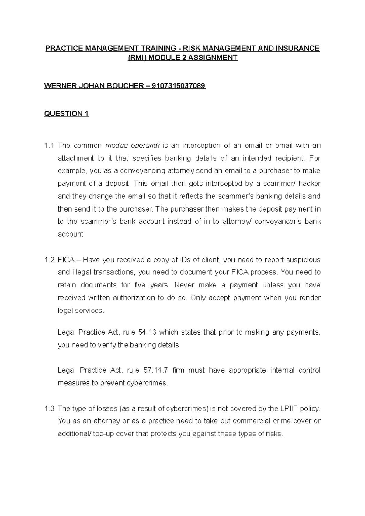 Practice Management Training Assignment Module 2 - PRACTICE MANAGEMENT TRAINING - RISK ...