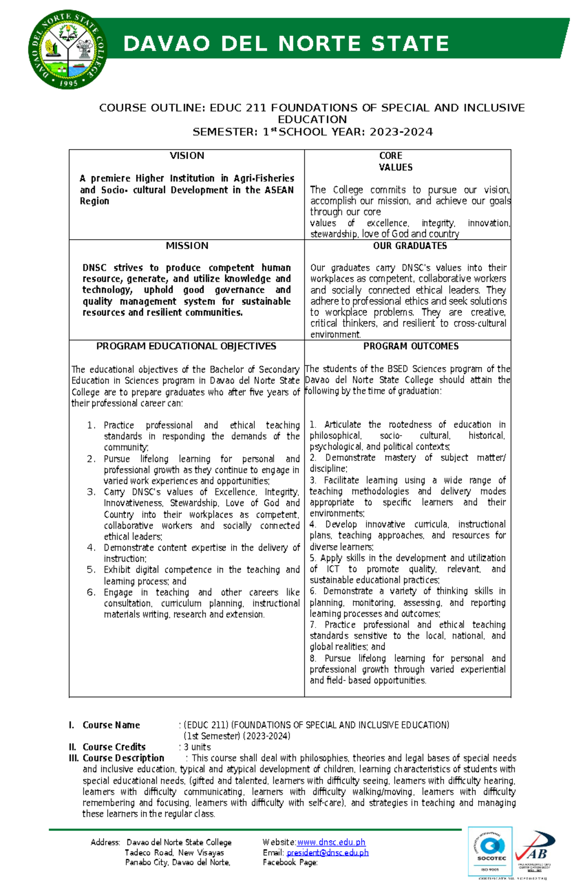 EDUC 211 Course Outline 2023 2024 NEW - DAVAO DEL NORTE STATE COLLEGE ...