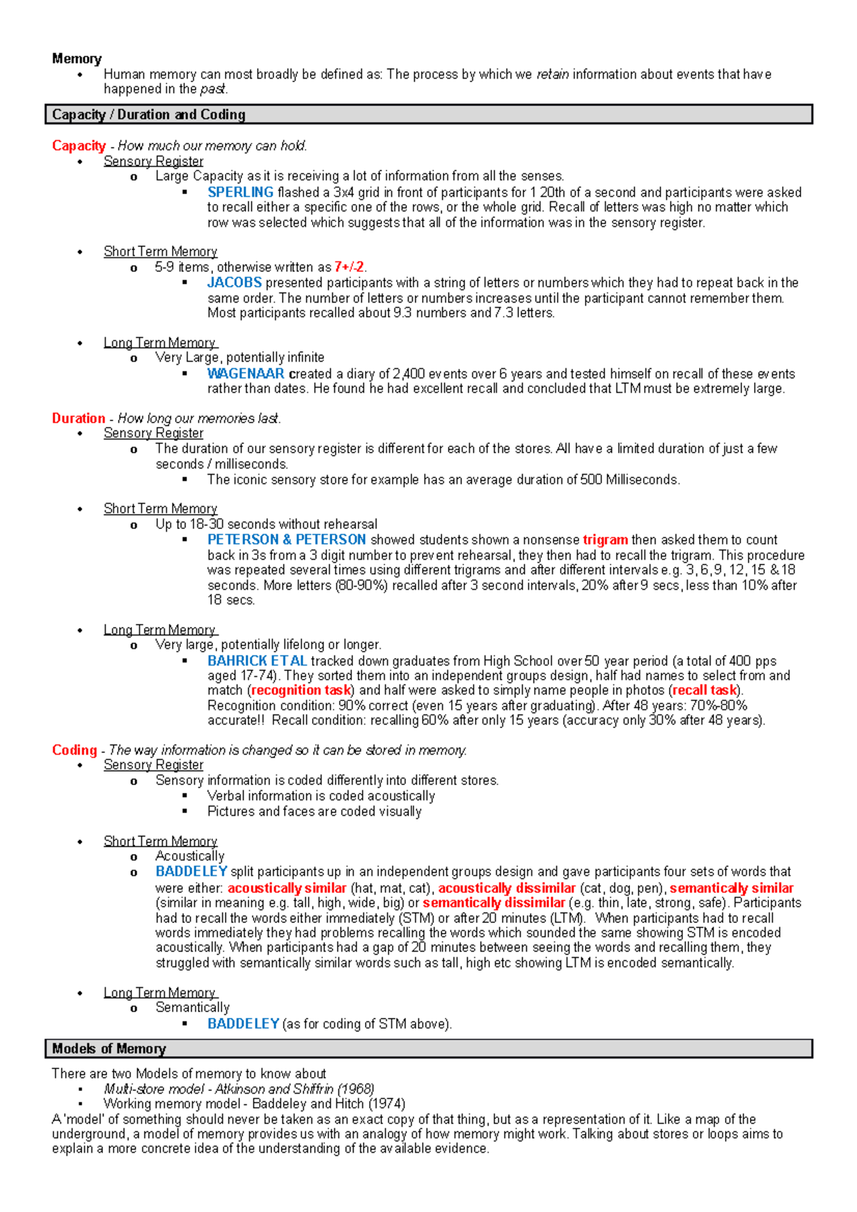 Full 1 page summaries (Memory) - Memory Human memory can most broadly ...