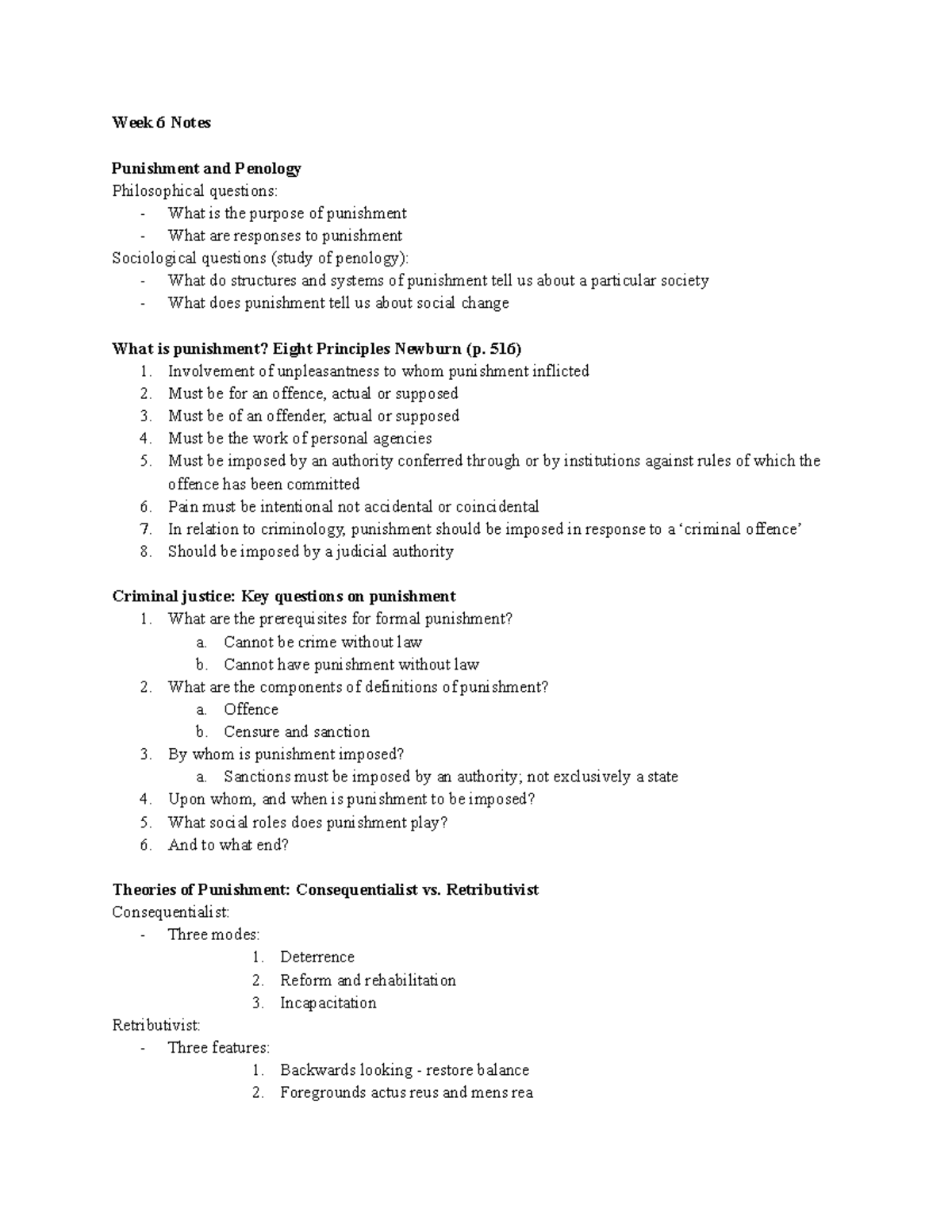 Week 6 Notes - Week 6 Notes Punishment and Penology Philosophical ...