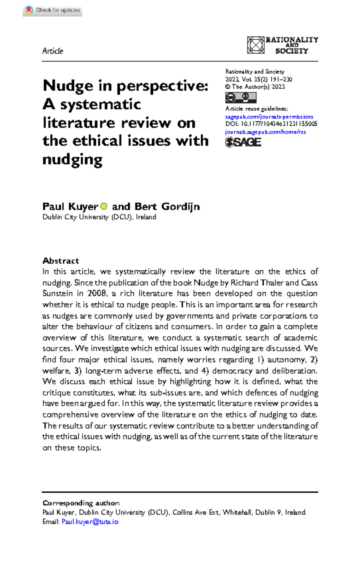 Ethical nudge - reading - Article Rationality and Society 2023, Vol. 35 ...
