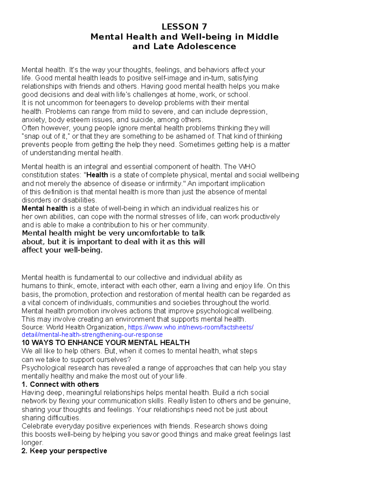 Lesson-7 - Personal Development - LESSON 7 Mental Health and Well-being ...