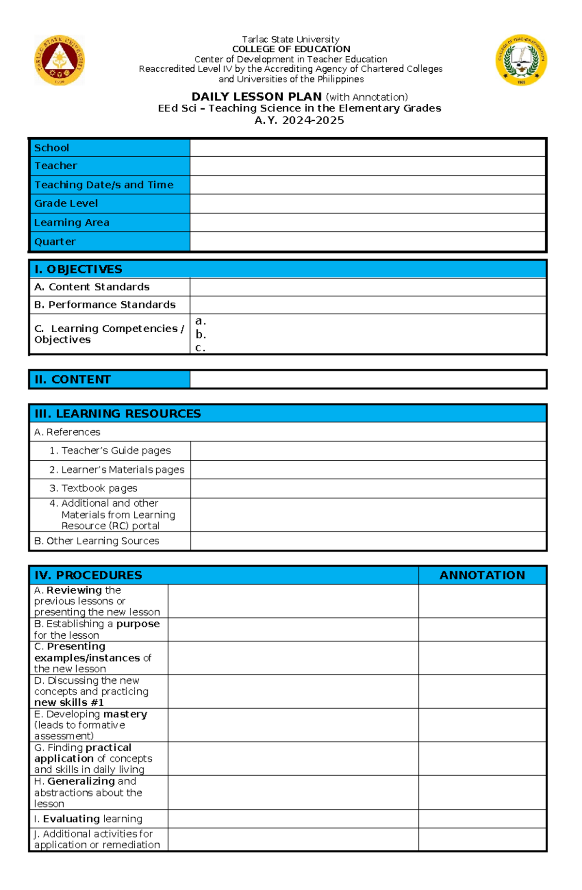 Daily Lesson Plan with Annotation (Format) - Tarlac State University ...
