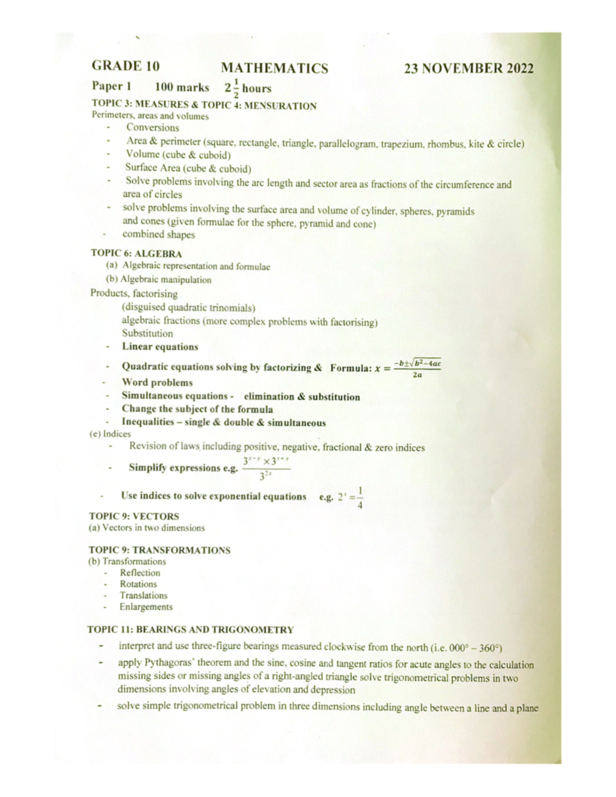 Grade 10 - Ecz - GRADE 10 MATHEMATICS 23 NOVEMBER 2022 Paper 1 100 ...