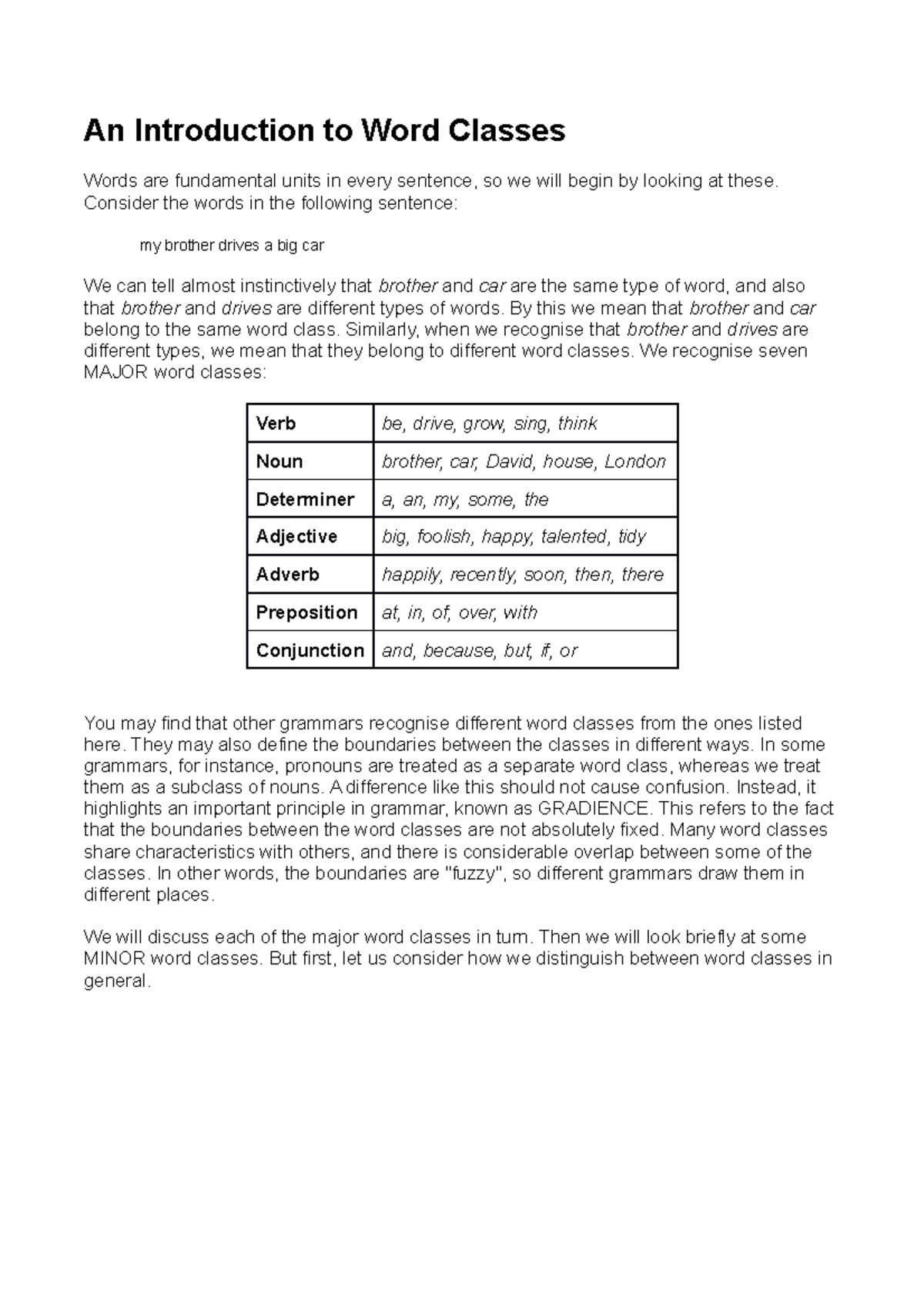 An Introduction To Word Classes Consider The Words In The Following