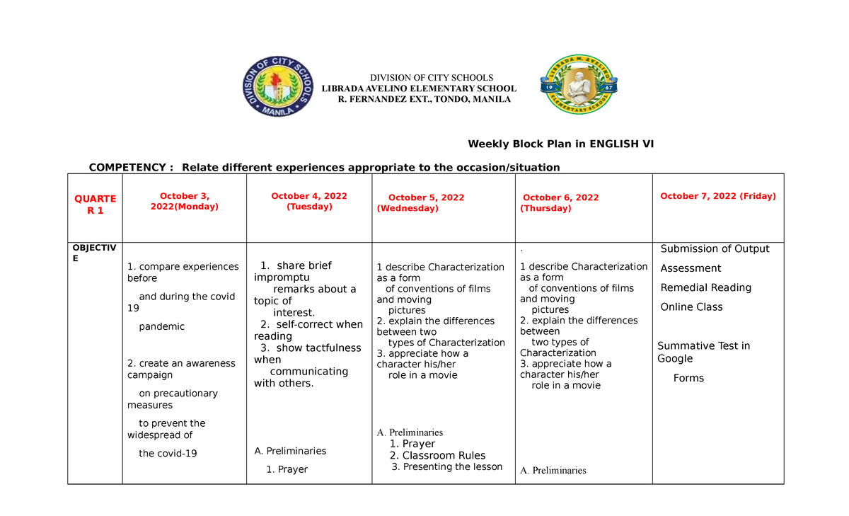 Q1-Eng.6 Block-Plan- Oct 3-7, 2022 - DIVISION OF CITY SCHOOLS LIBRADA ...