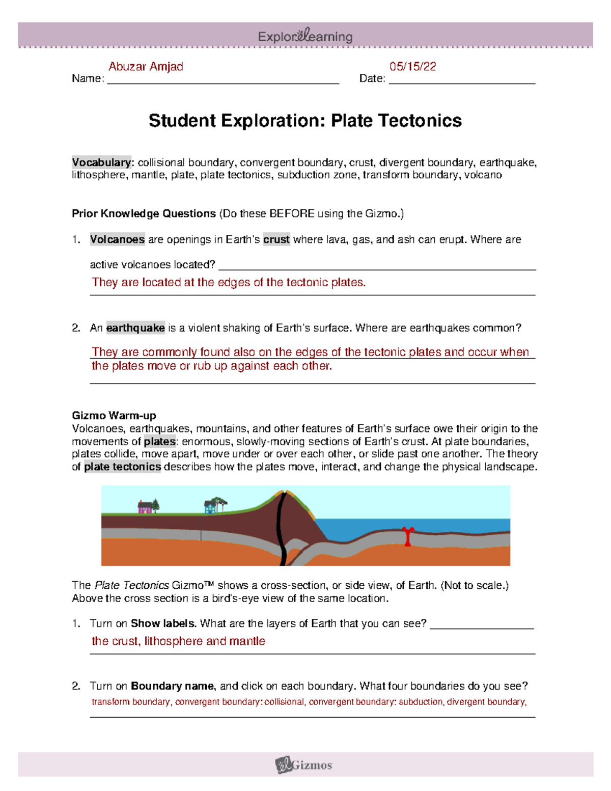 Plate Tectonics Gizmo Form Name
